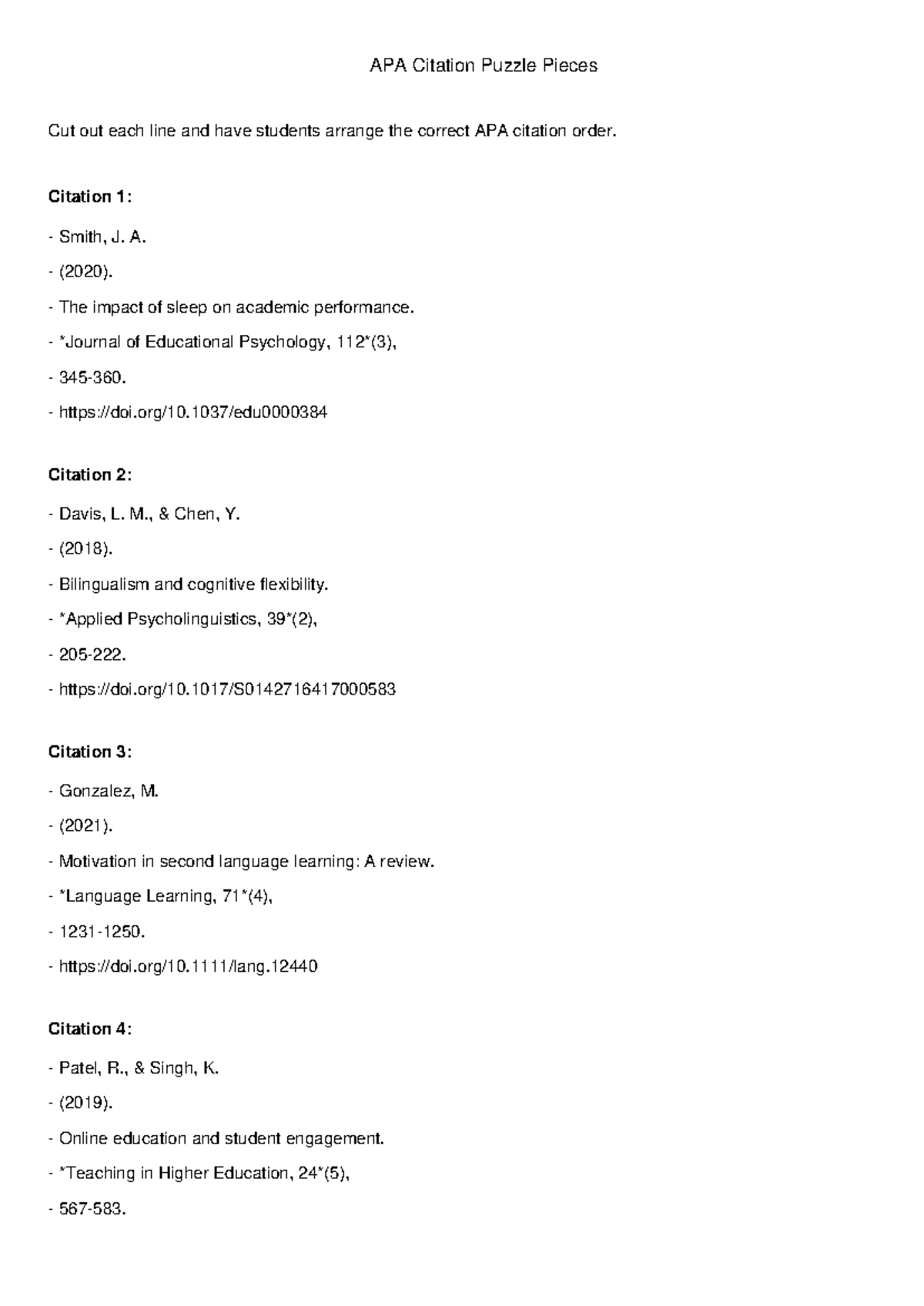 APA Citation Order Puzzle Activity for Students - Studocu