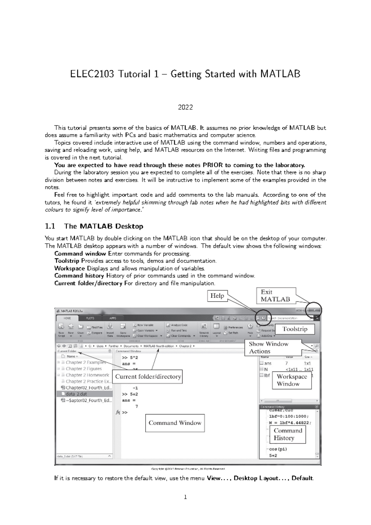 ELEC2103 Tutorial 1: Introduction to MATLAB Basics 2022 - Studocu