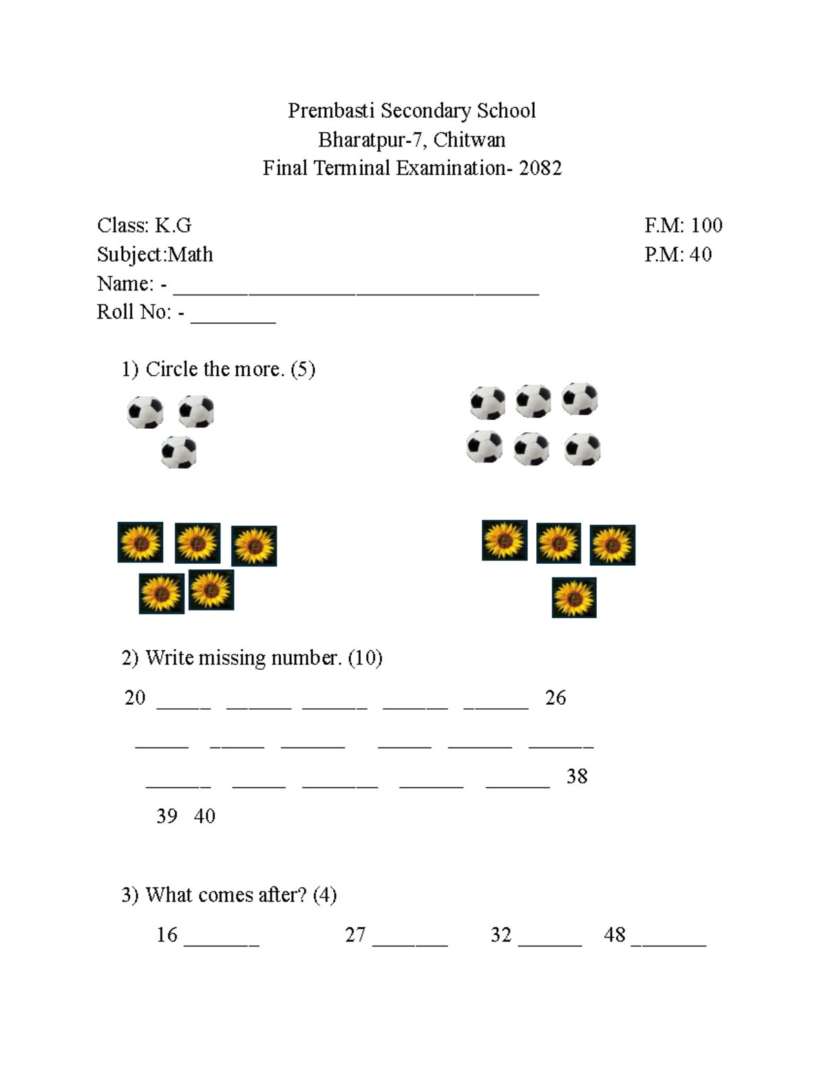 K.G Math Final Exam Questions - Prembasti Secondary School 2082 - Studocu