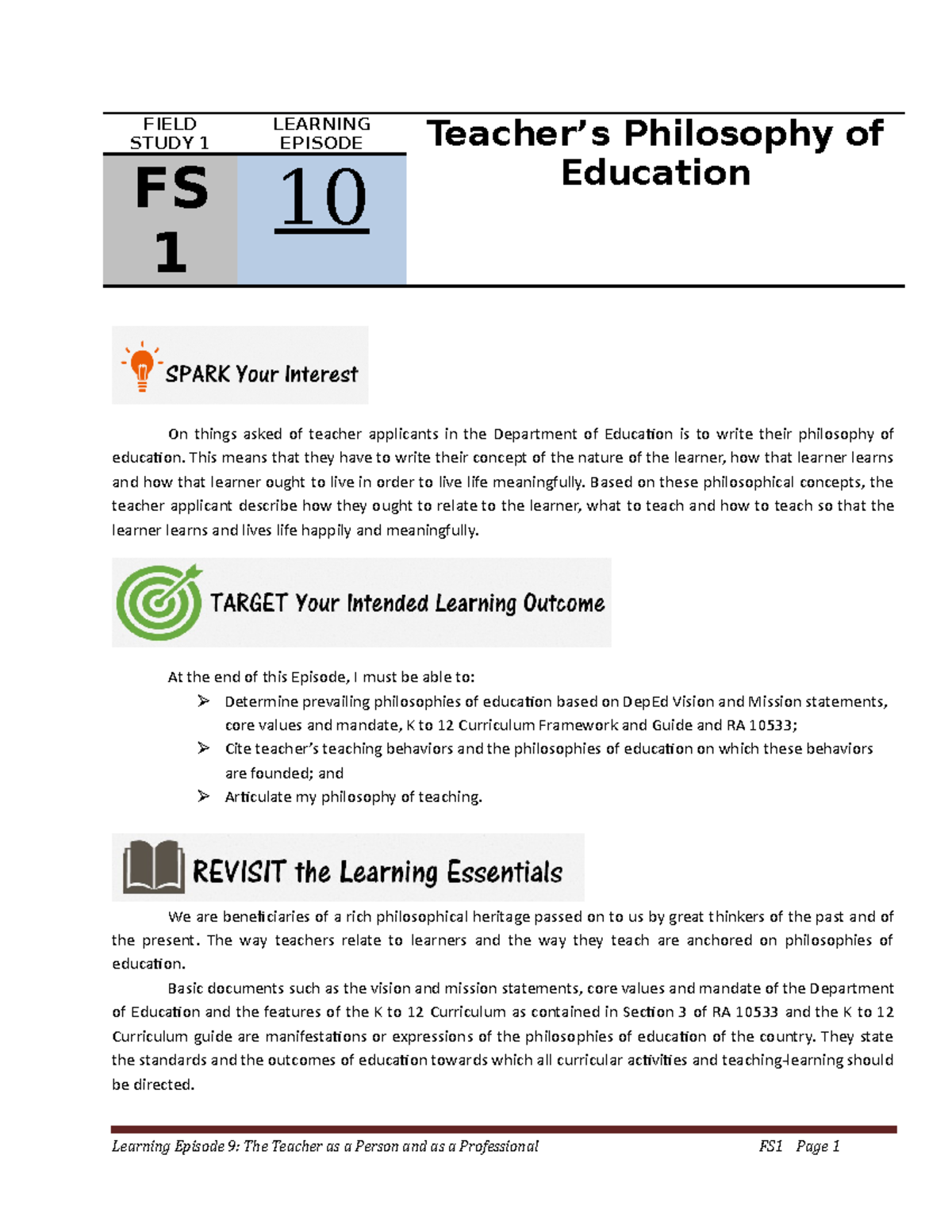 Field Study 1 E10: Exploring Teachers' Philosophy of Education - Studocu