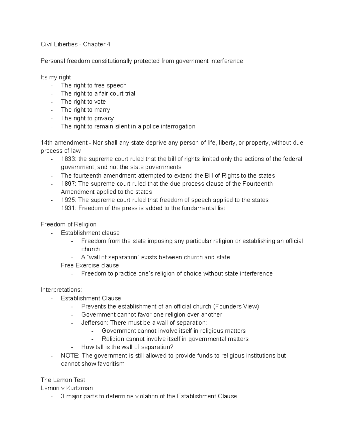 Week 7 - Civil Liberties in American Government (Chapter 4) - Studocu