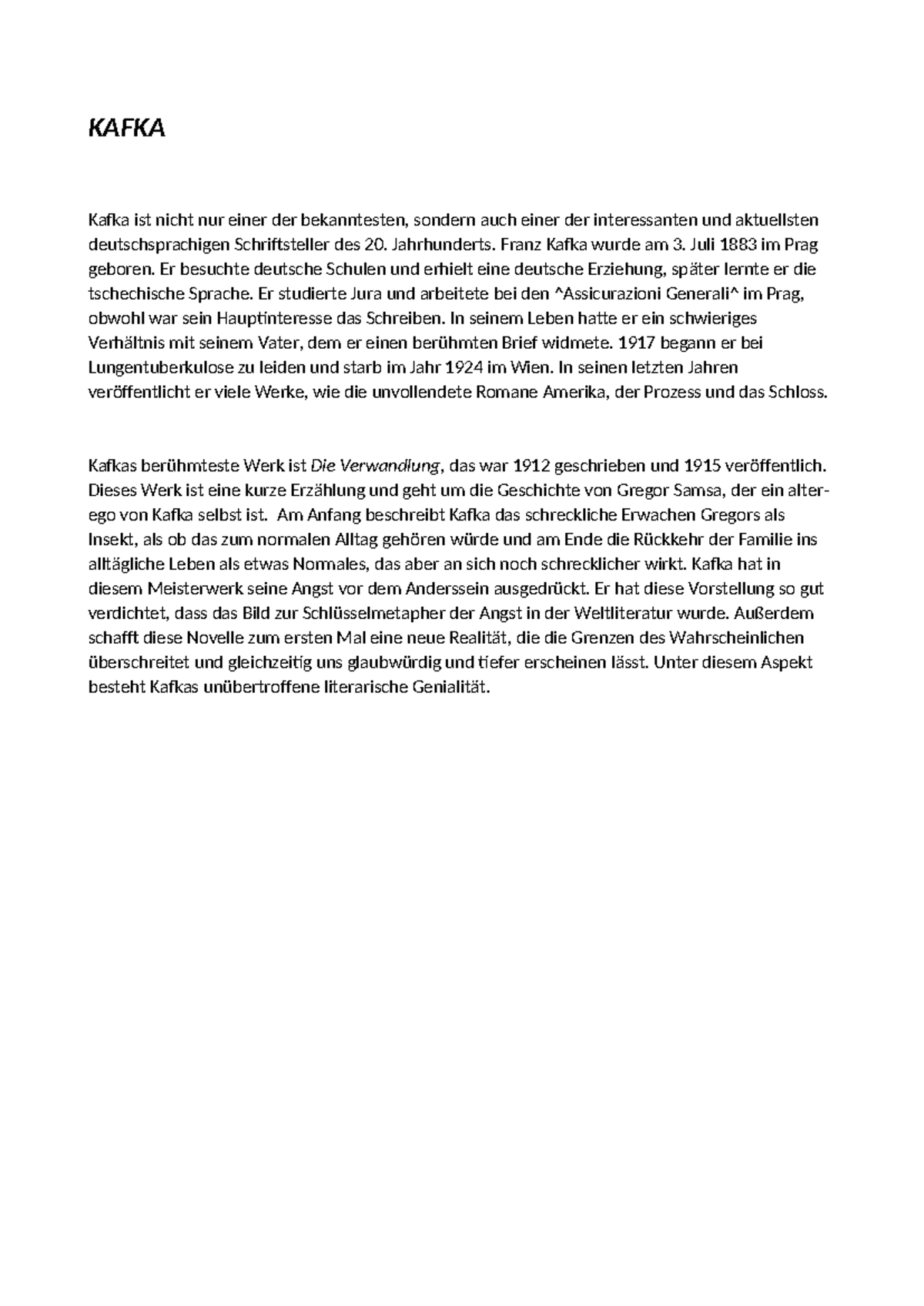 KAFKA: Die literarische Genialität von Franz Kafka - Studocu
