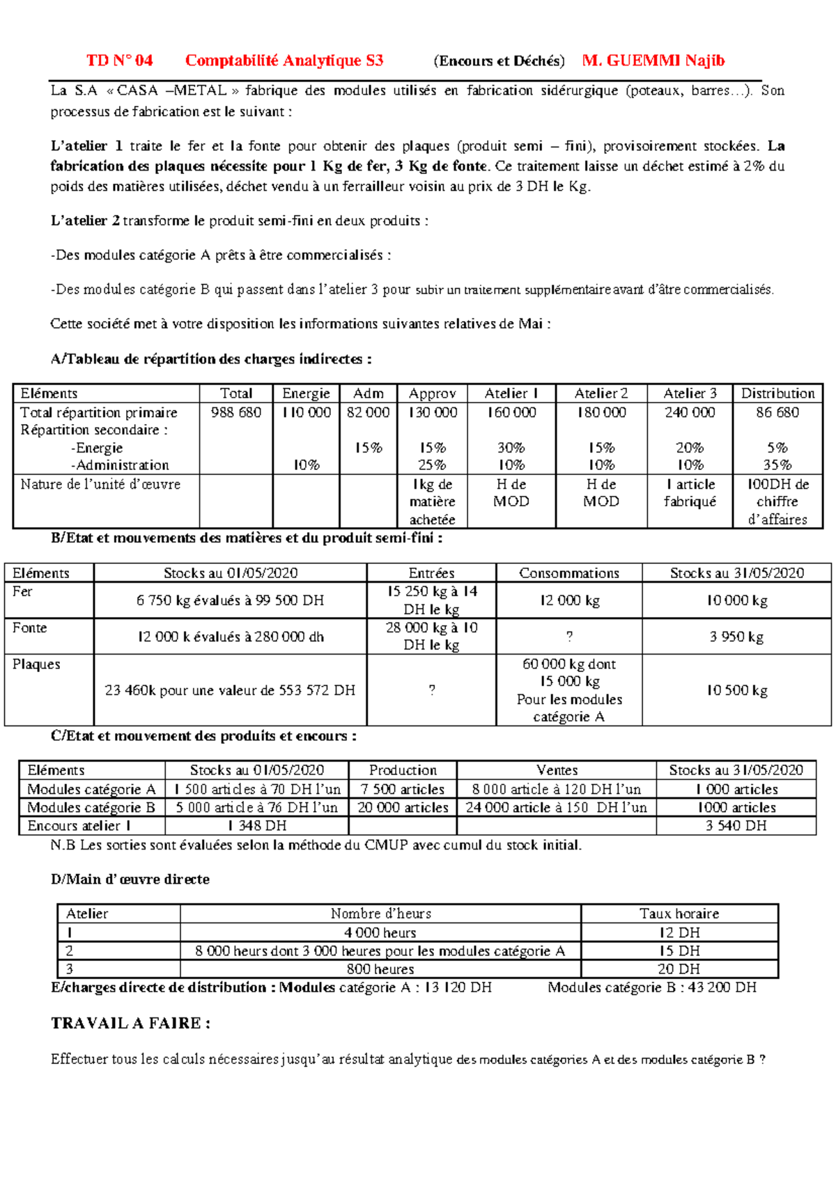 TD N°4-Comptabilité Analytique S3 - TD N° 04 Comptabilité Analytique S3 ...