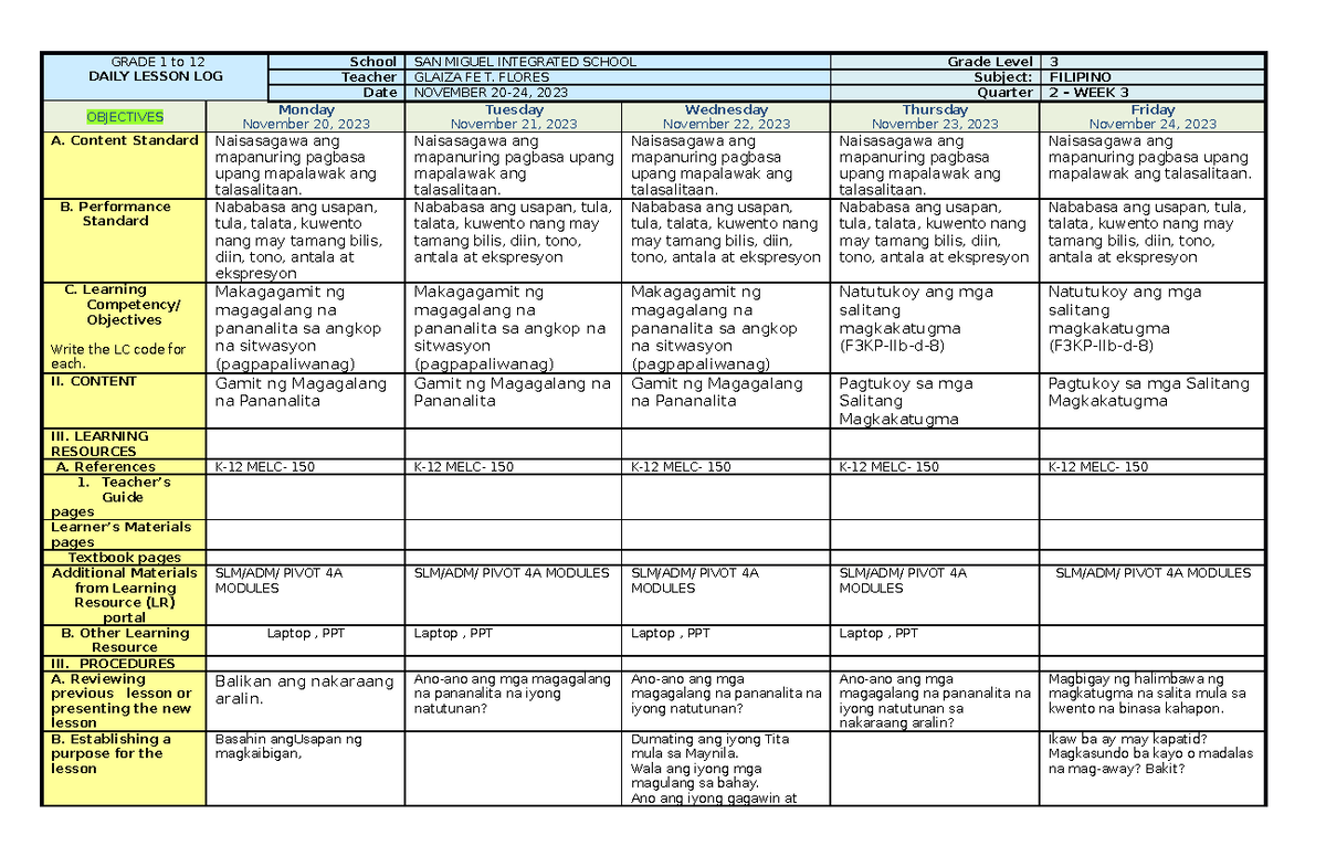 WEEK3-dll- Filipino - This material is used in teaching Grade 3 ...