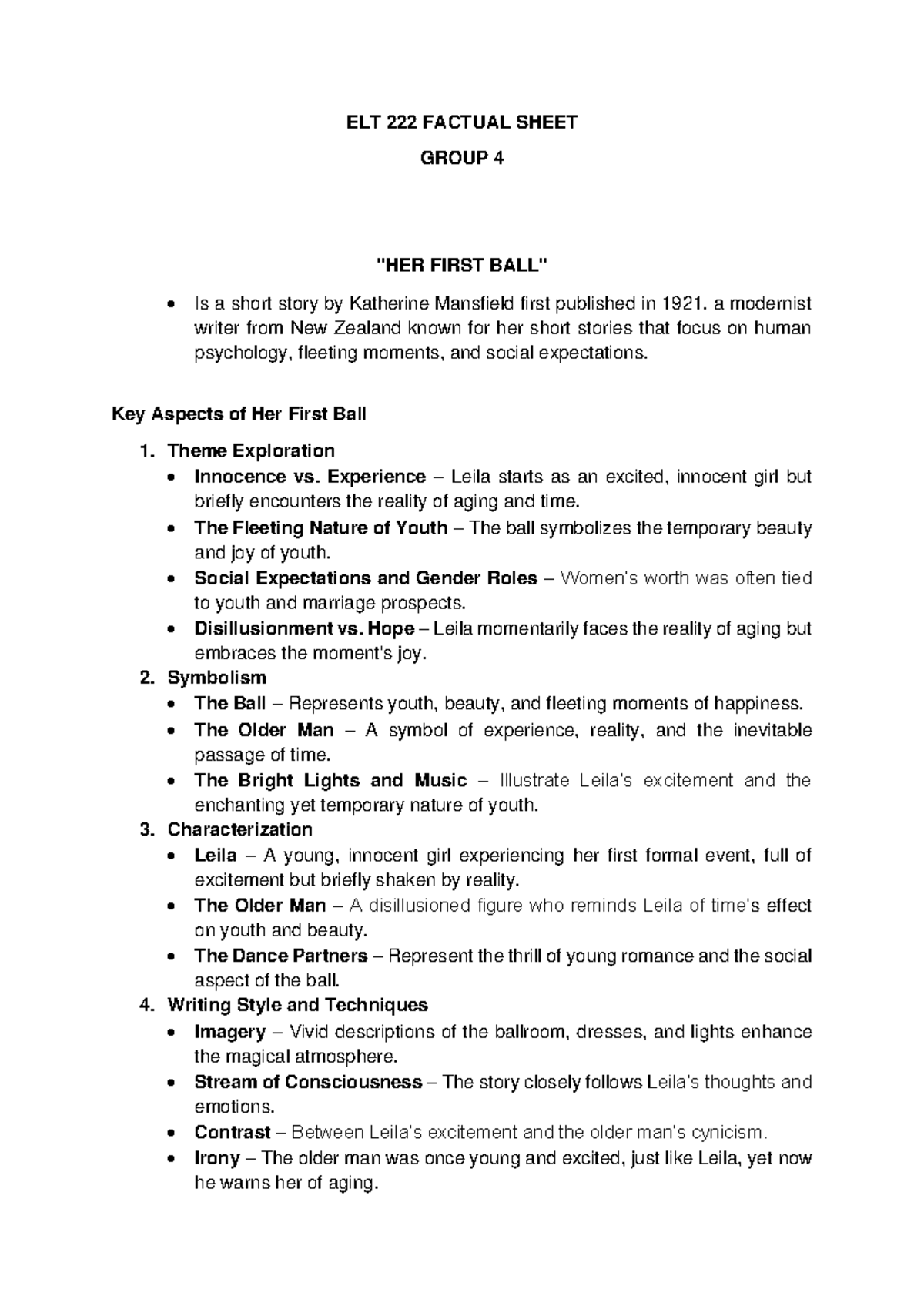 ELT 222 Group 4: Factual Analysis of Short Stories and Poems - Studocu