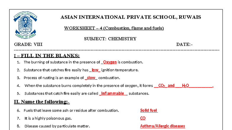 CHEMISTRY WORKSHEET 4 (Grade 8) - Combustion, Flame & Fuels - Studocu