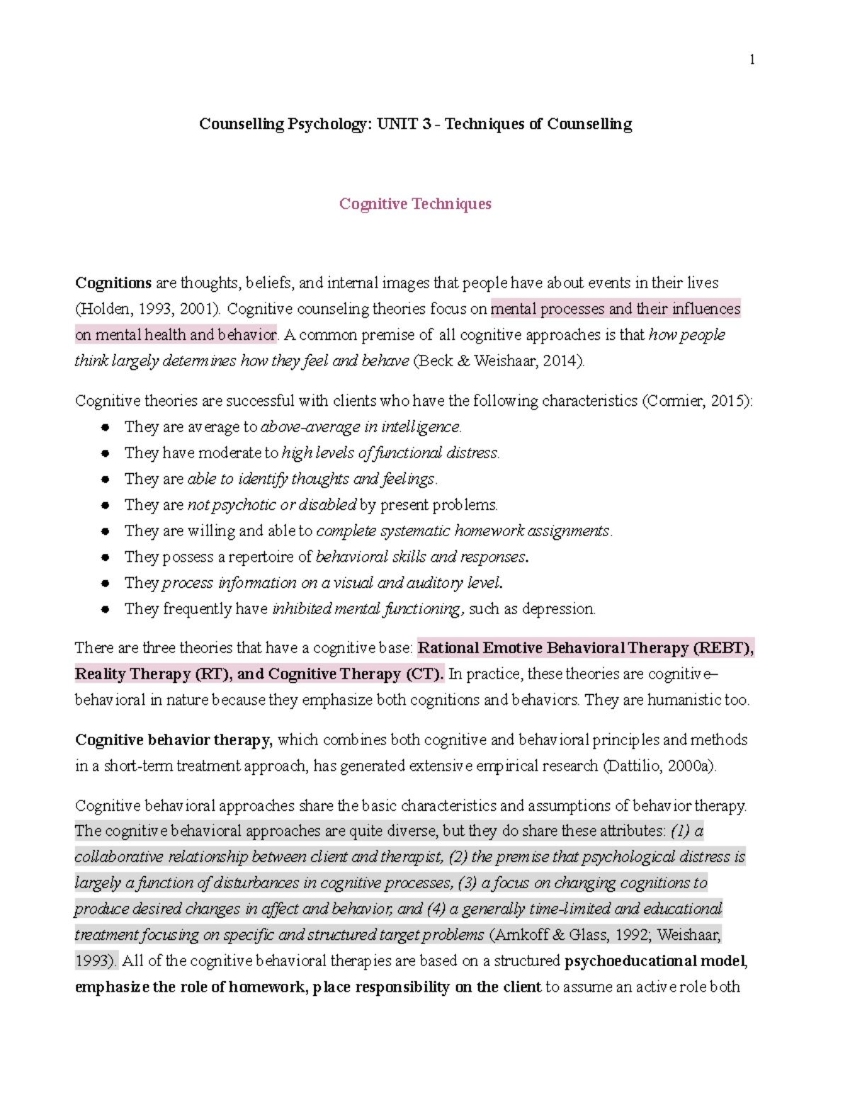 CPSY 1: Unit 3 Cognitive Techniques in Counseling Psychology - Studocu