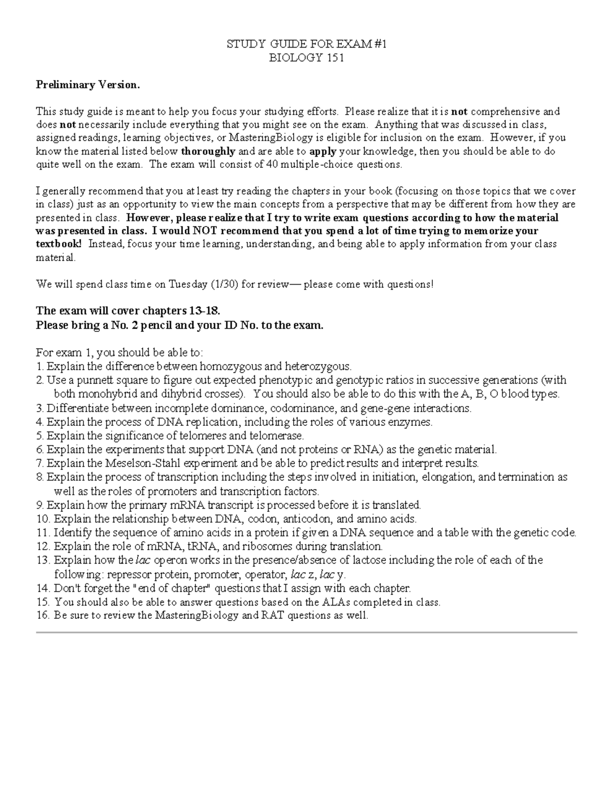 BIO 151 Exam 1 Study Guide - STUDY GUIDE FOR EXAM BIOLOGY 151 ...