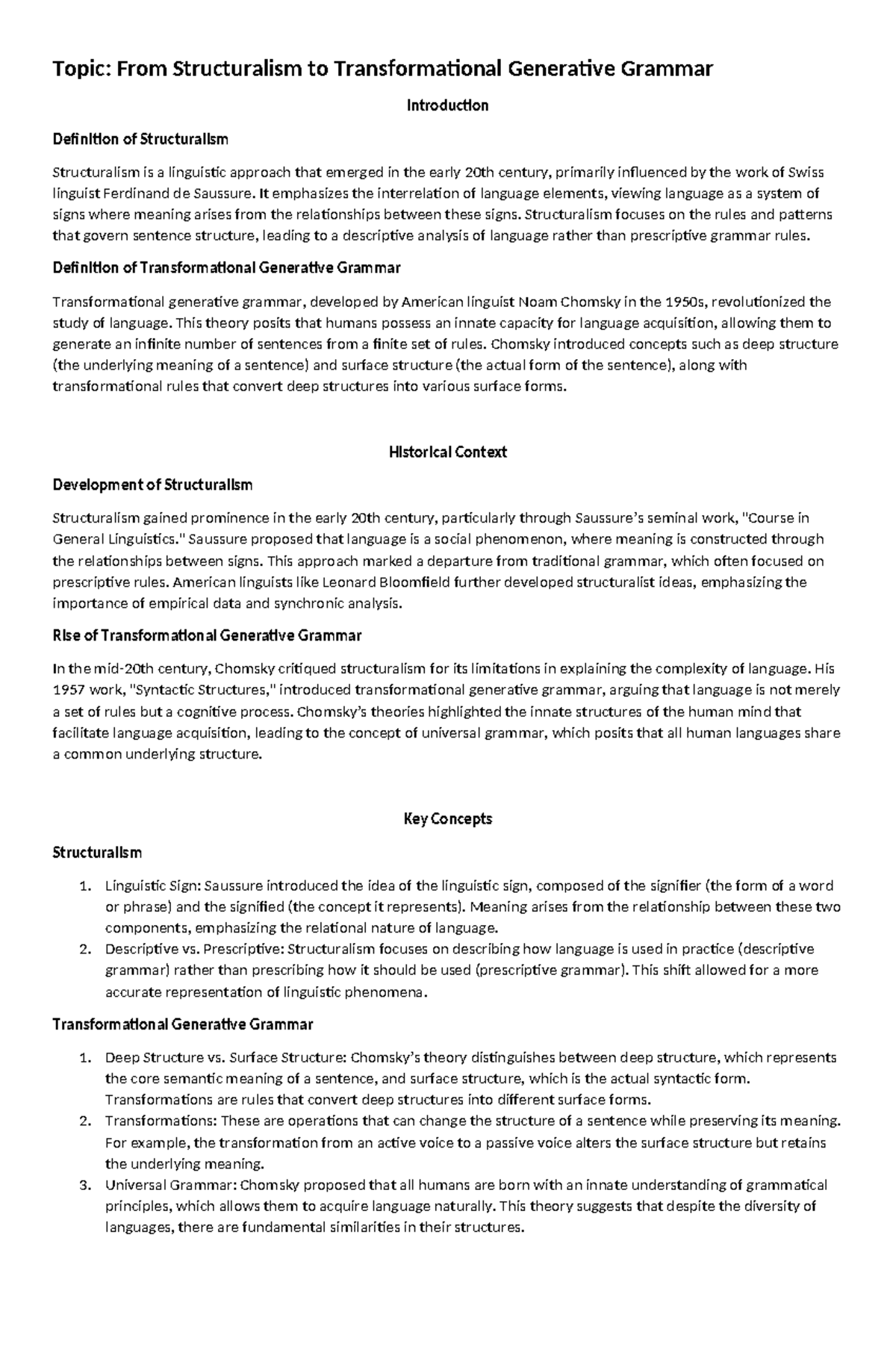 From Structuralism to Transformational Gen. Grammar: Key Concepts & Context - Studocu