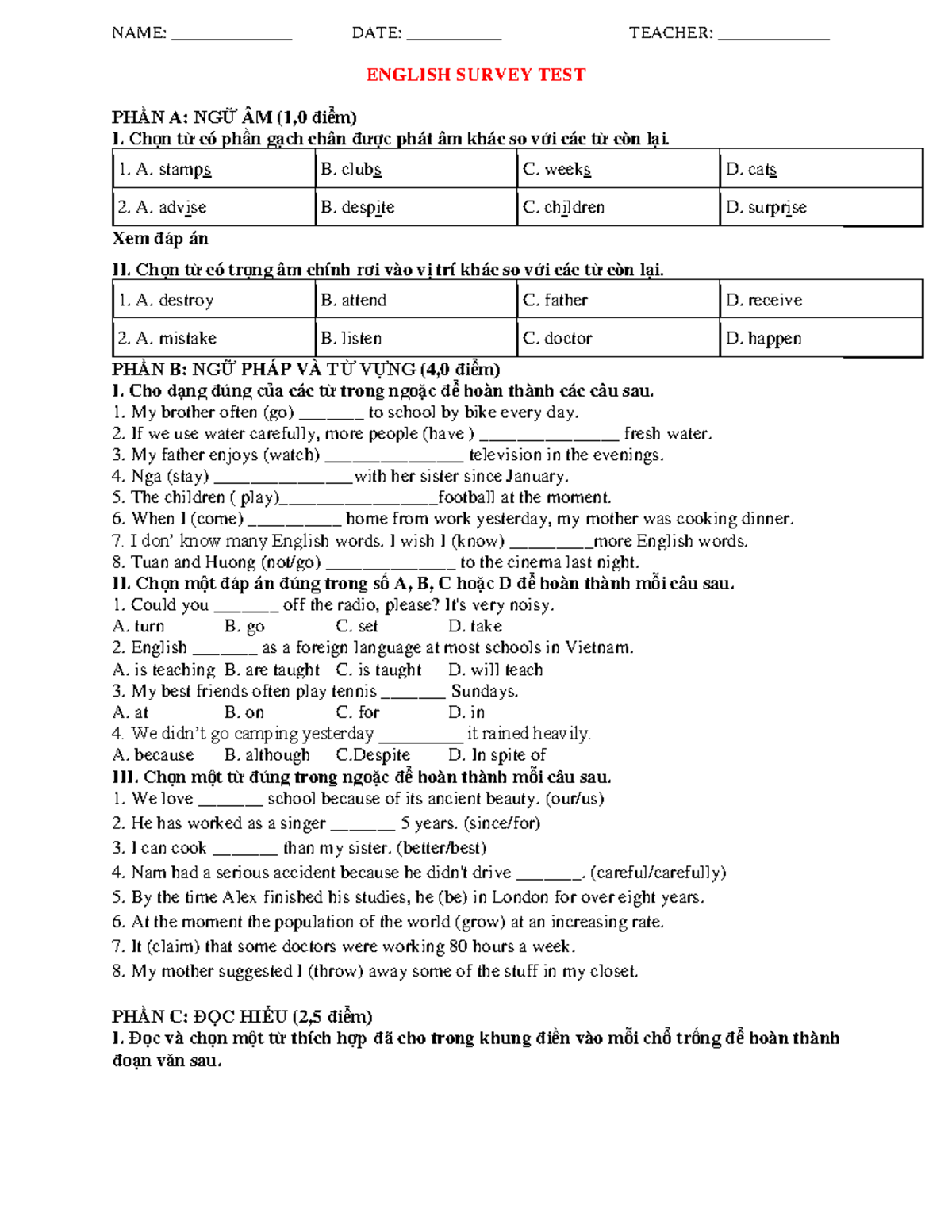 English Survey Test 1: Phần A, B, C, và D Exam Guide - Studocu