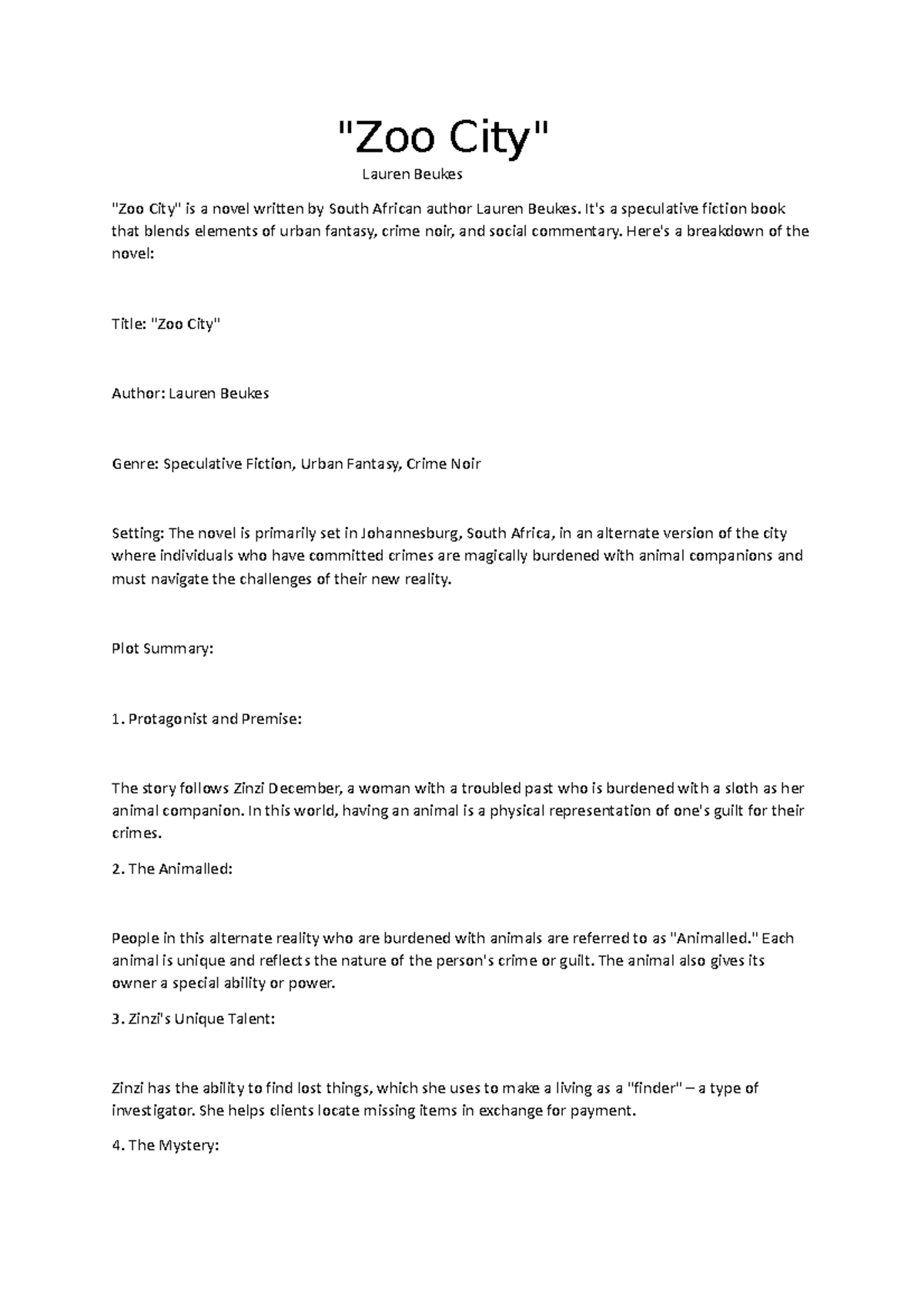 Zoo City - Zoo city Alnalsis - "Zoo City" Lauren Beukes "Zoo City" is a ...