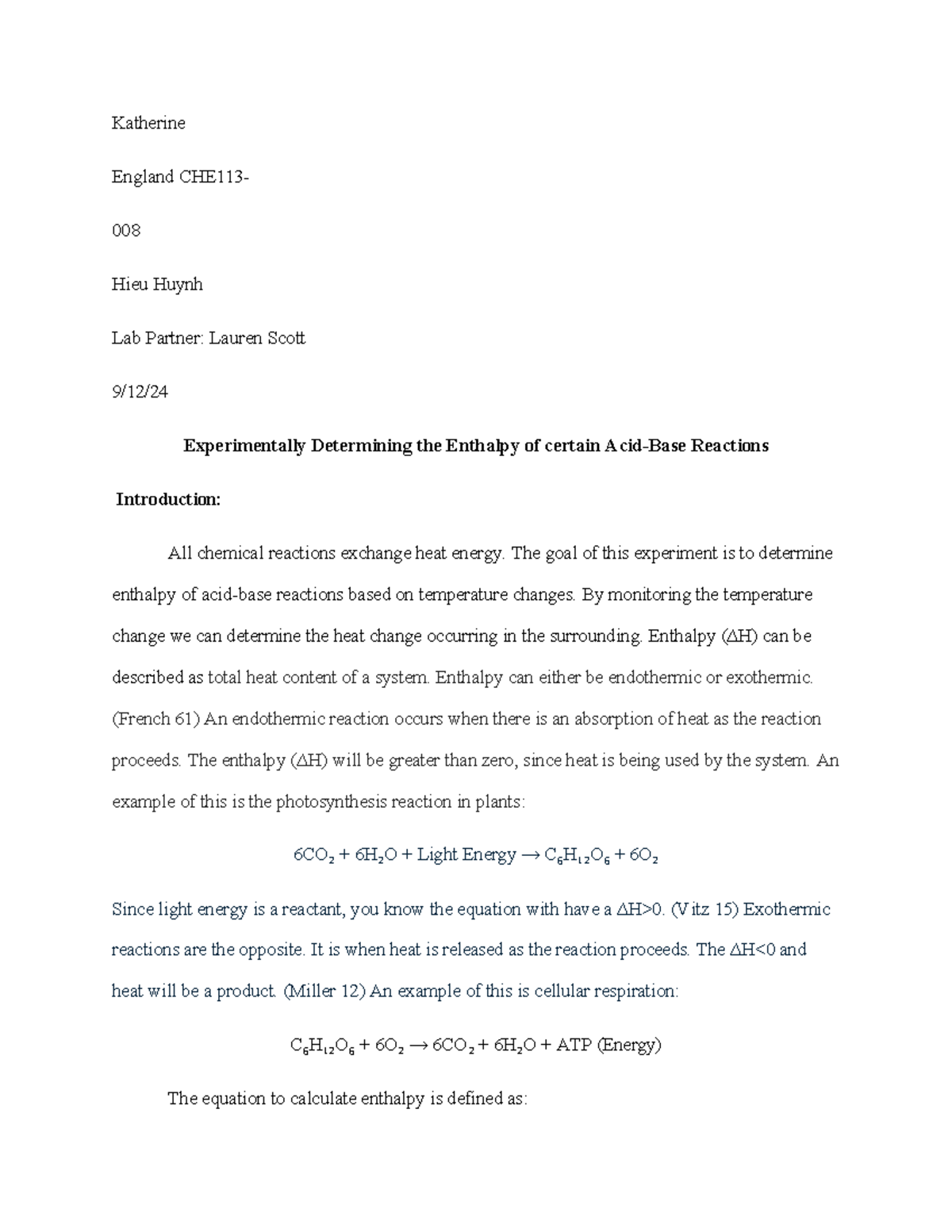 CHE113008 Experiment 11: Determining Enthalpy of Reactions - Studocu