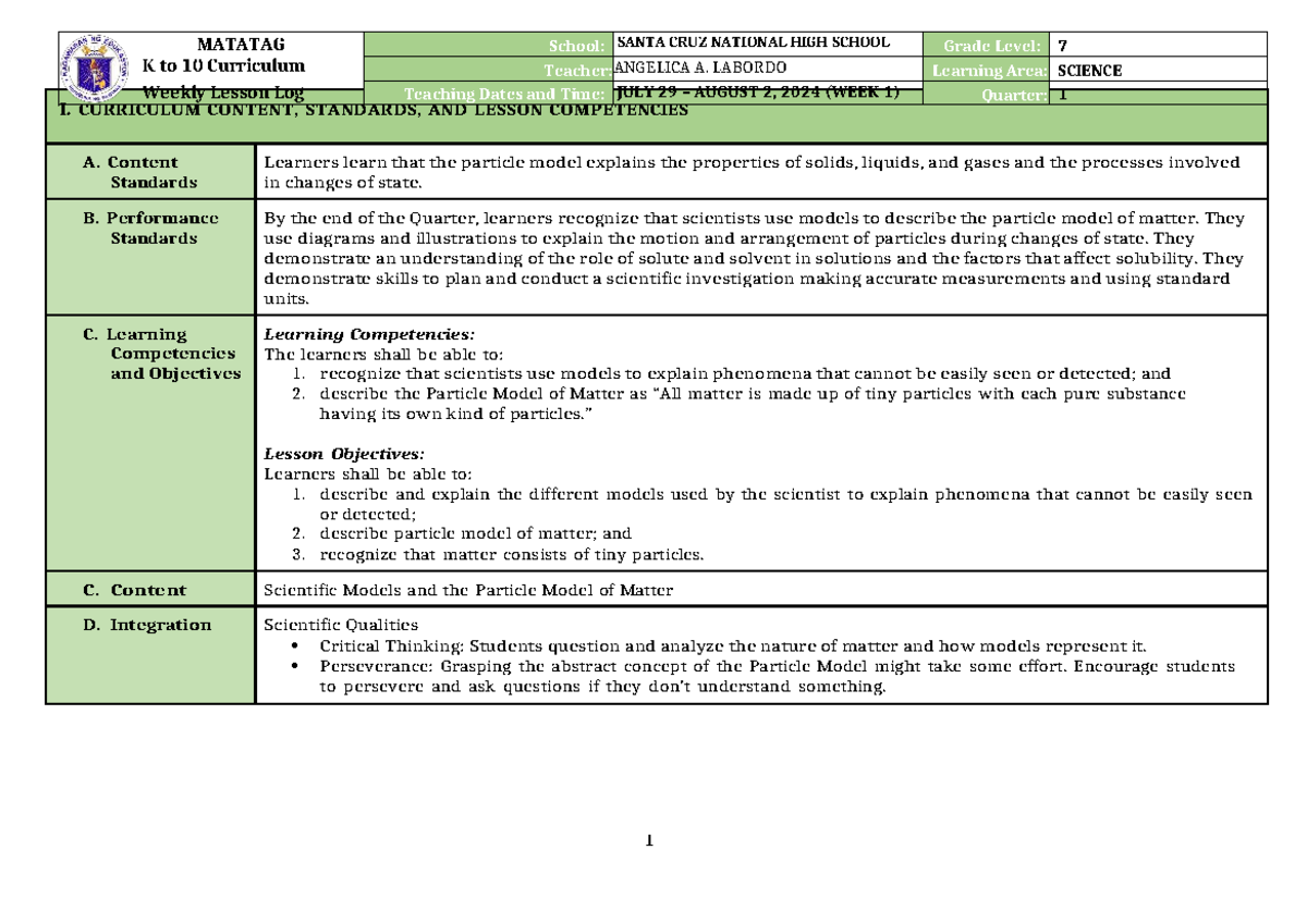 Lesson Plan: Matatag Science 7 Q1 Week 1 - Particle Model of Matter ...