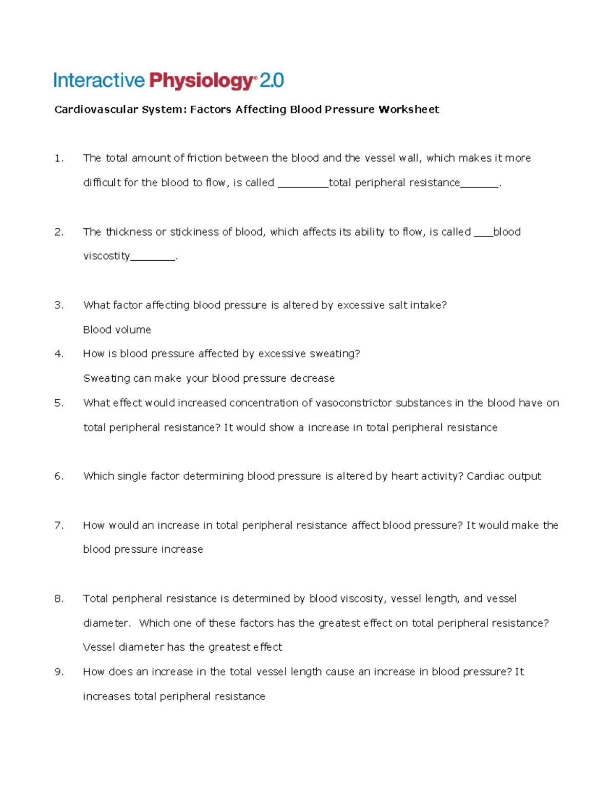 Cardiovascular IP2: Factors Influencing Blood Pressure Worksheet - Studocu
