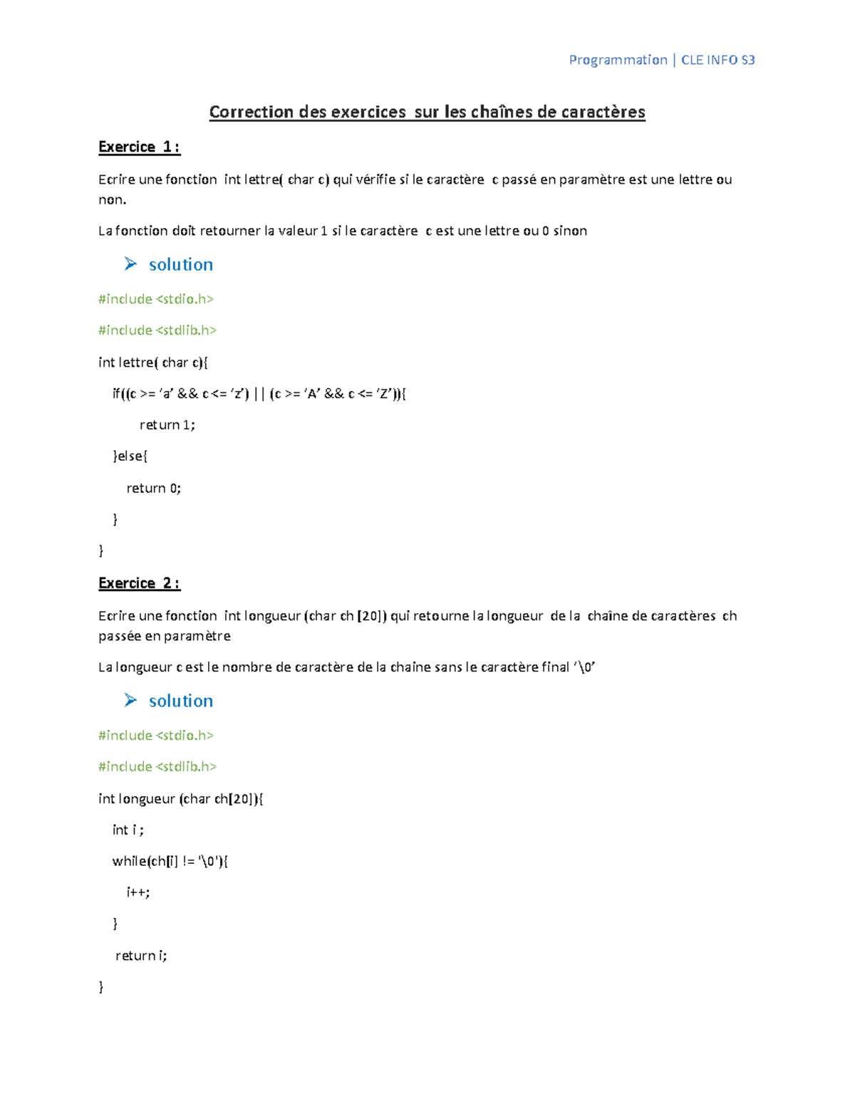 Correction Exercices C sur les Chaînes de Caractères (CS101) - Studocu