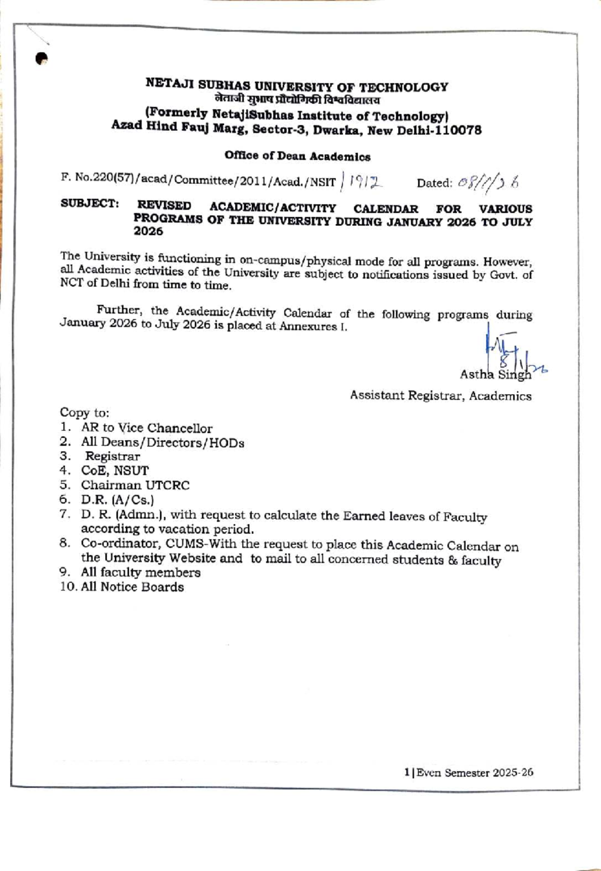 Revised Academic Calendar for NSUT Programs (Jan-Jul 2026) - Studocu