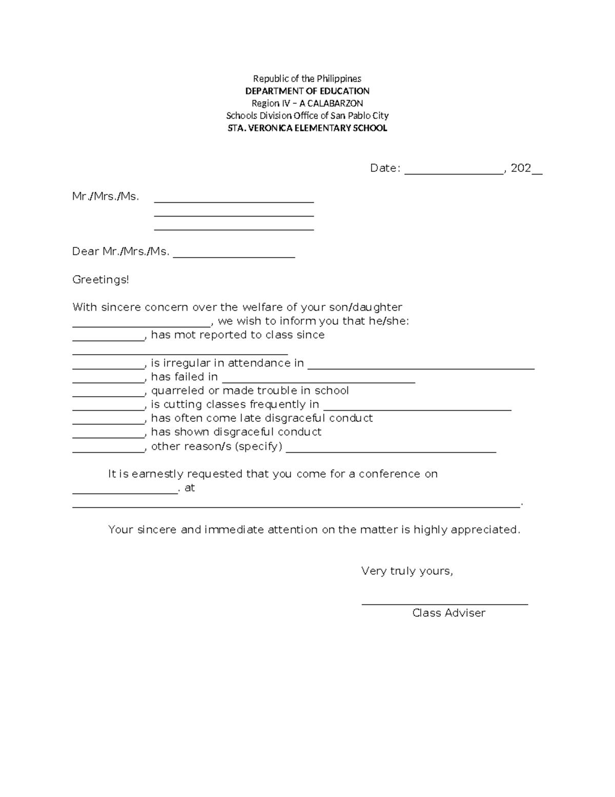 Parent Notification Form - Attendance and Conduct Issues - Studocu