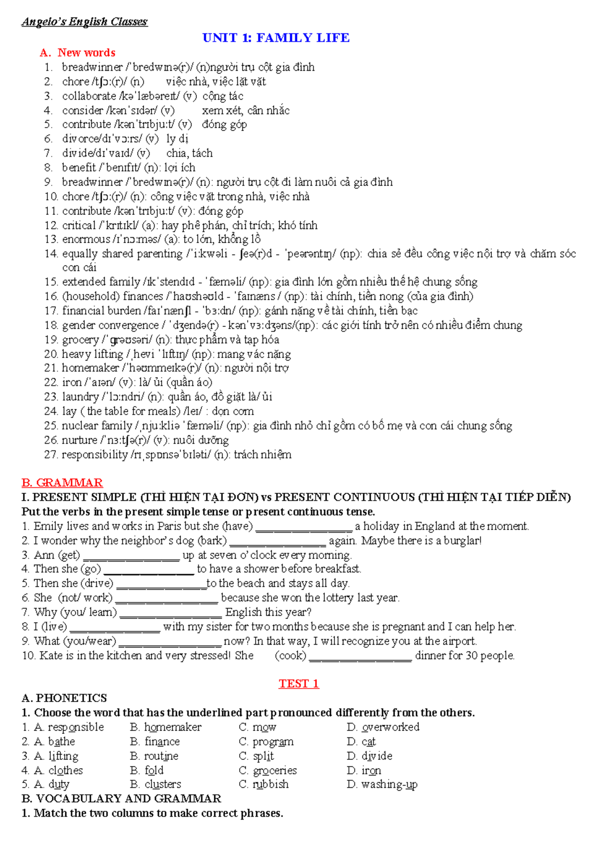 English classes UNIT 1: Family life vocabulary and grammar notes - Studocu