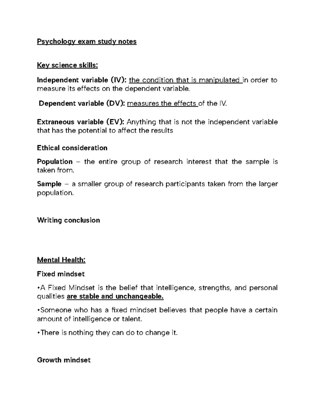 Psychology Exam Study Notes: Year 10 Key Concepts & Mental Health - Studocu