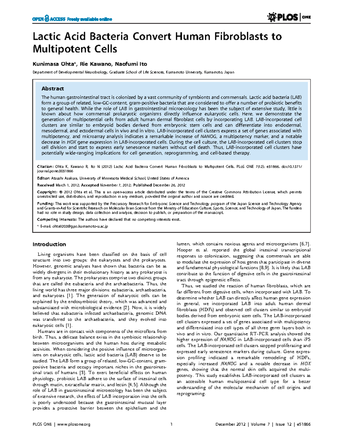 Lactic Acid Bacteria Convert Human Fibroblasts to Multipotent Cells ...