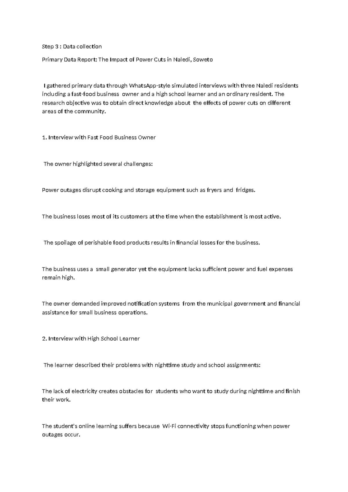Step 3: Primary Data Report on Power Cuts in Naledi, Soweto - Studocu