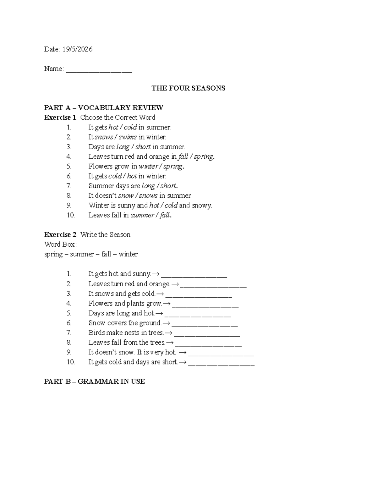 Btvn 1b - The Four Seasons Vocabulary & Grammar Review - Studocu
