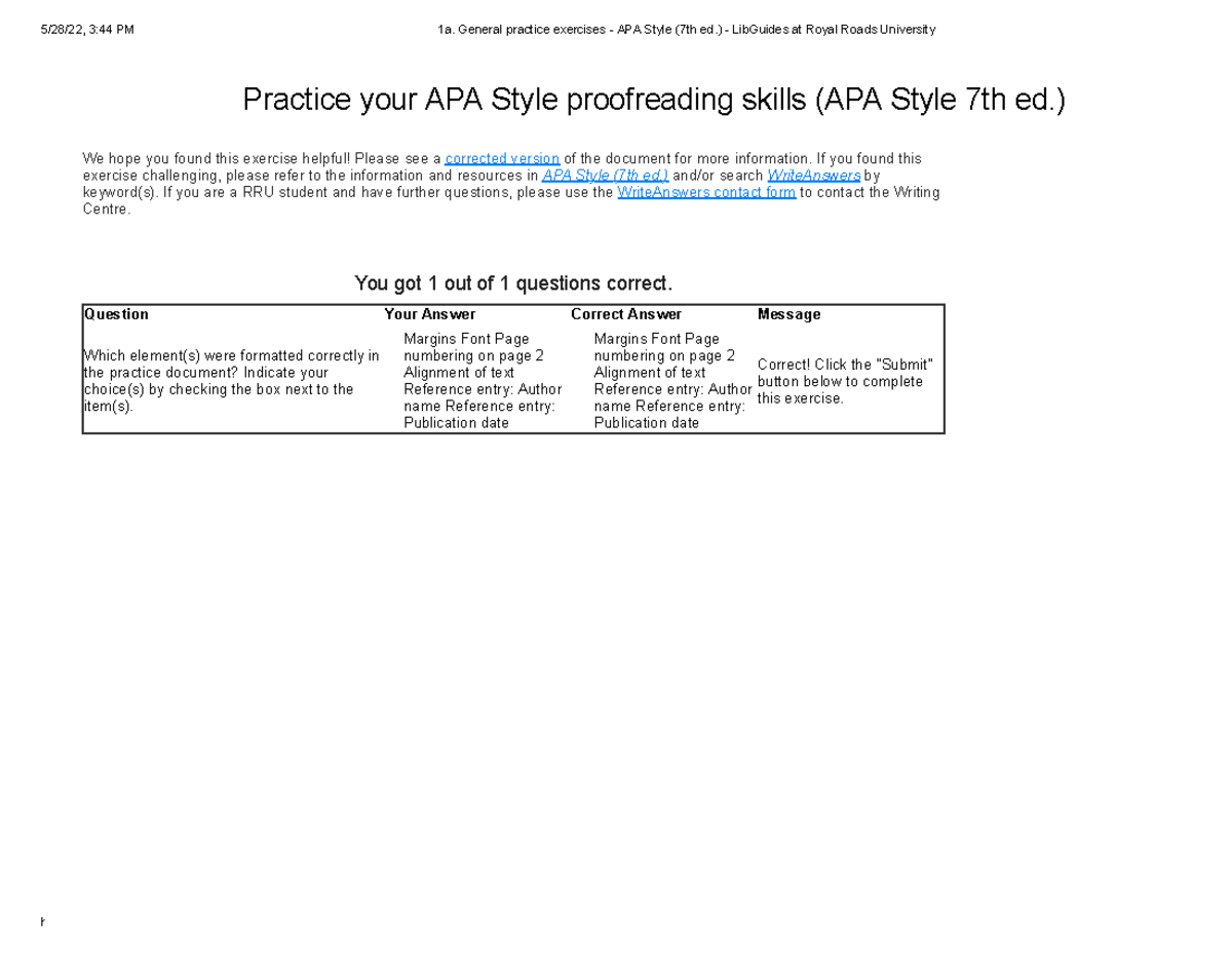 APA Style (7th ed.) Proofreading Practice Exercises for 1a - Studocu