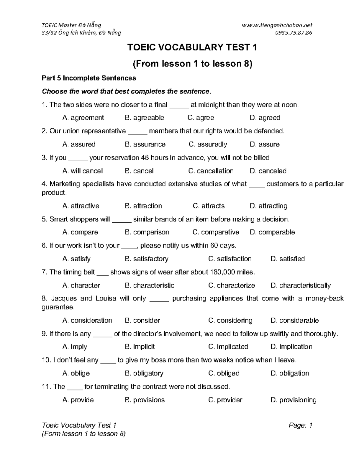 TOEIC Vocabulary Test 1: Lessons 1-8 Practice Questions - Studocu