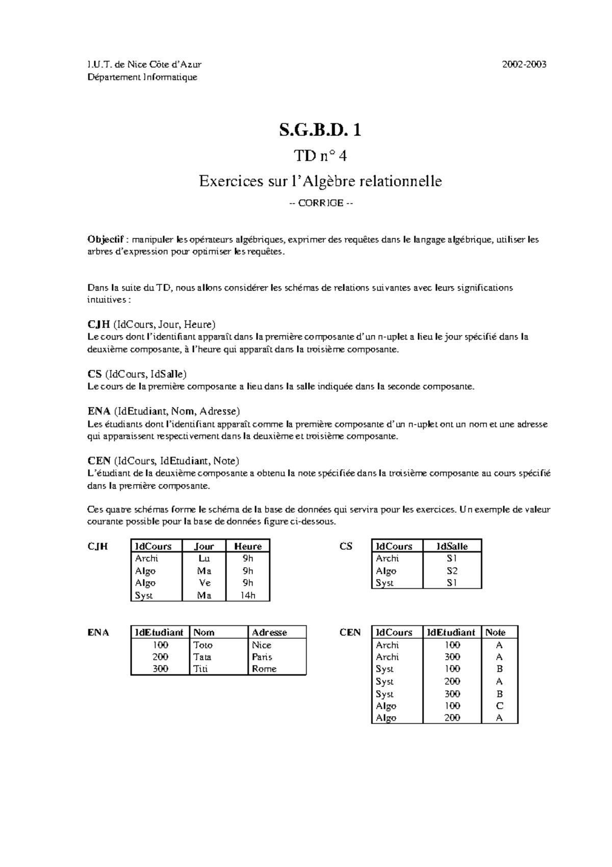 SGBD 1 TD4 : Exercices et Corrigés sur l’Algèbre Relationnelle - Studocu