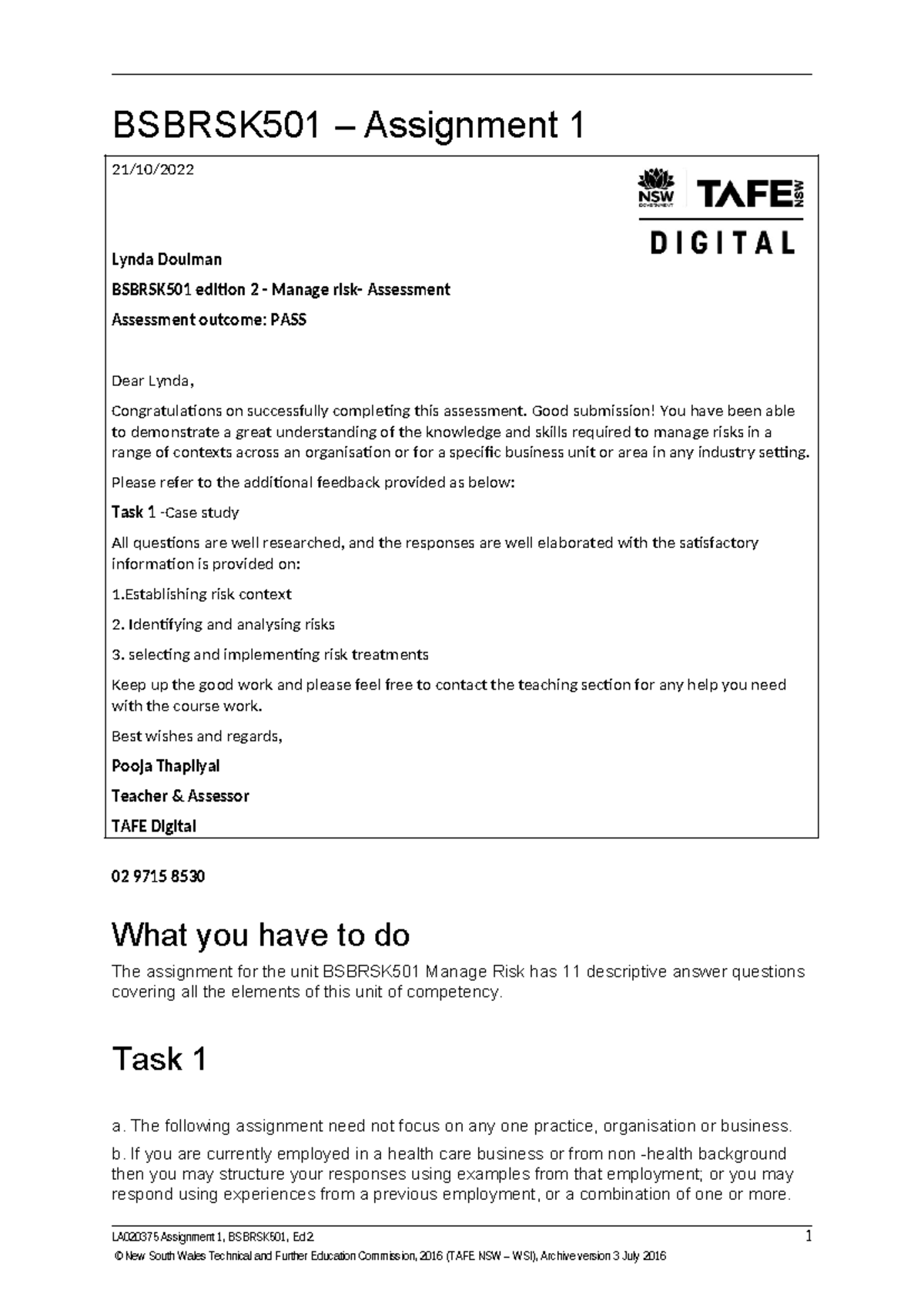 BSBRSK501 Assignment 1 Feedback and Assessment Overview - Studocu