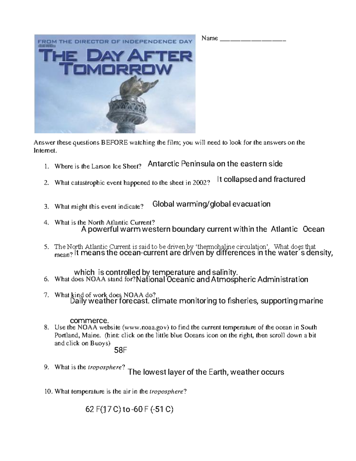 Day After Tomorrow Film Questions and Note-Taking Guide - Studocu