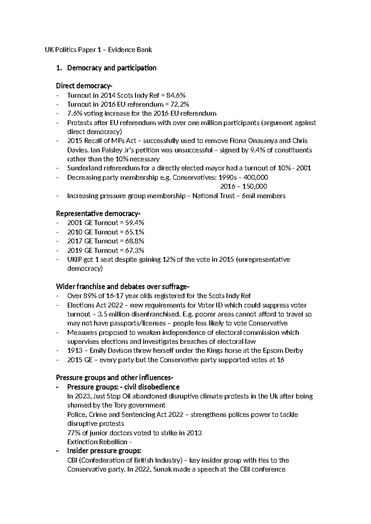 UK Politics Paper 1: Evidence Bank on Democracy & Participation - Studocu