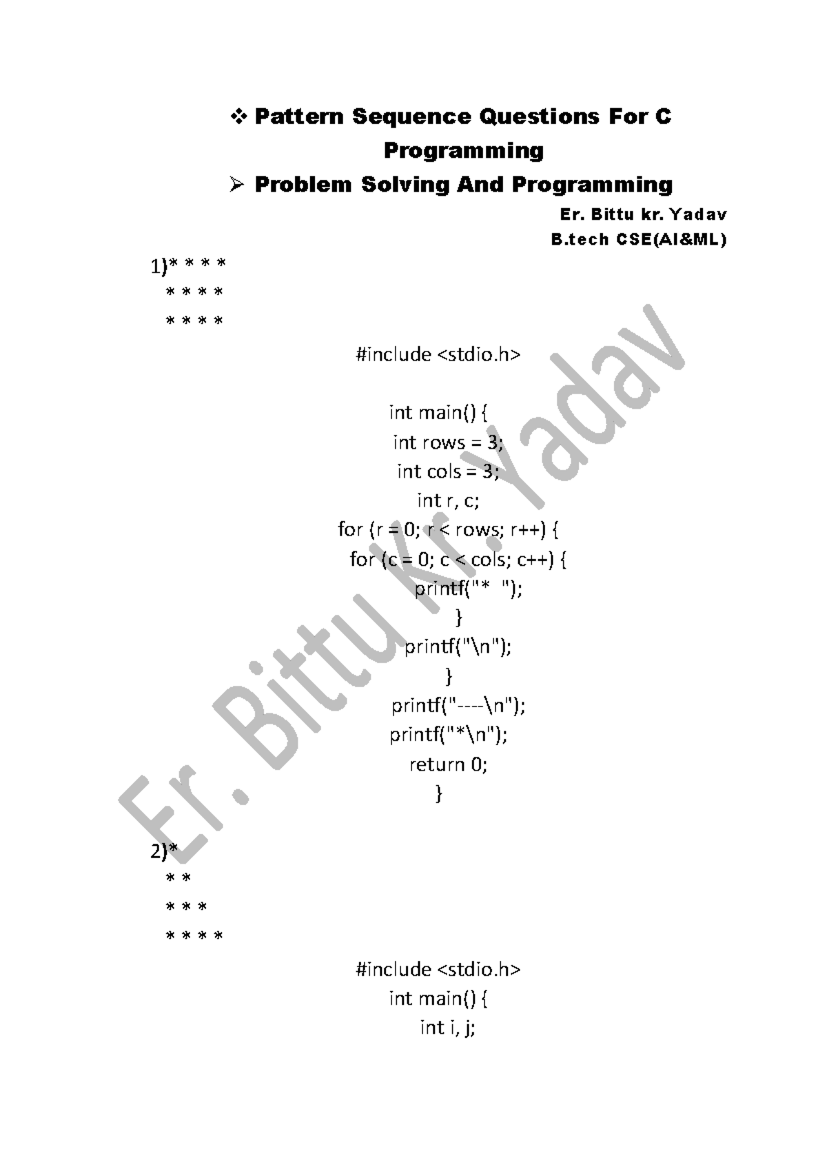 Pattern Sequence Questions for C Programming (B.Tech) - Studocu