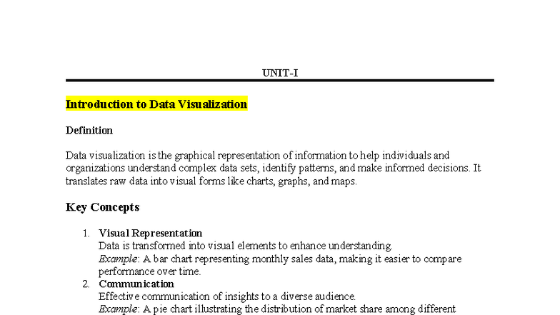 DV UNIT-I: Introduction to Data Visualization Concepts and Techniques - Studocu