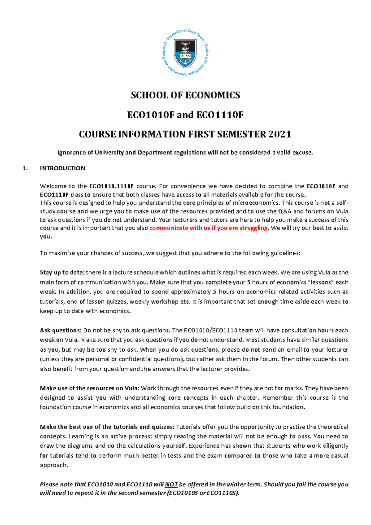 ECO1010F Course Outline - SCHOOL OF ECONOMICS ECO1010F and ECO1110F ...