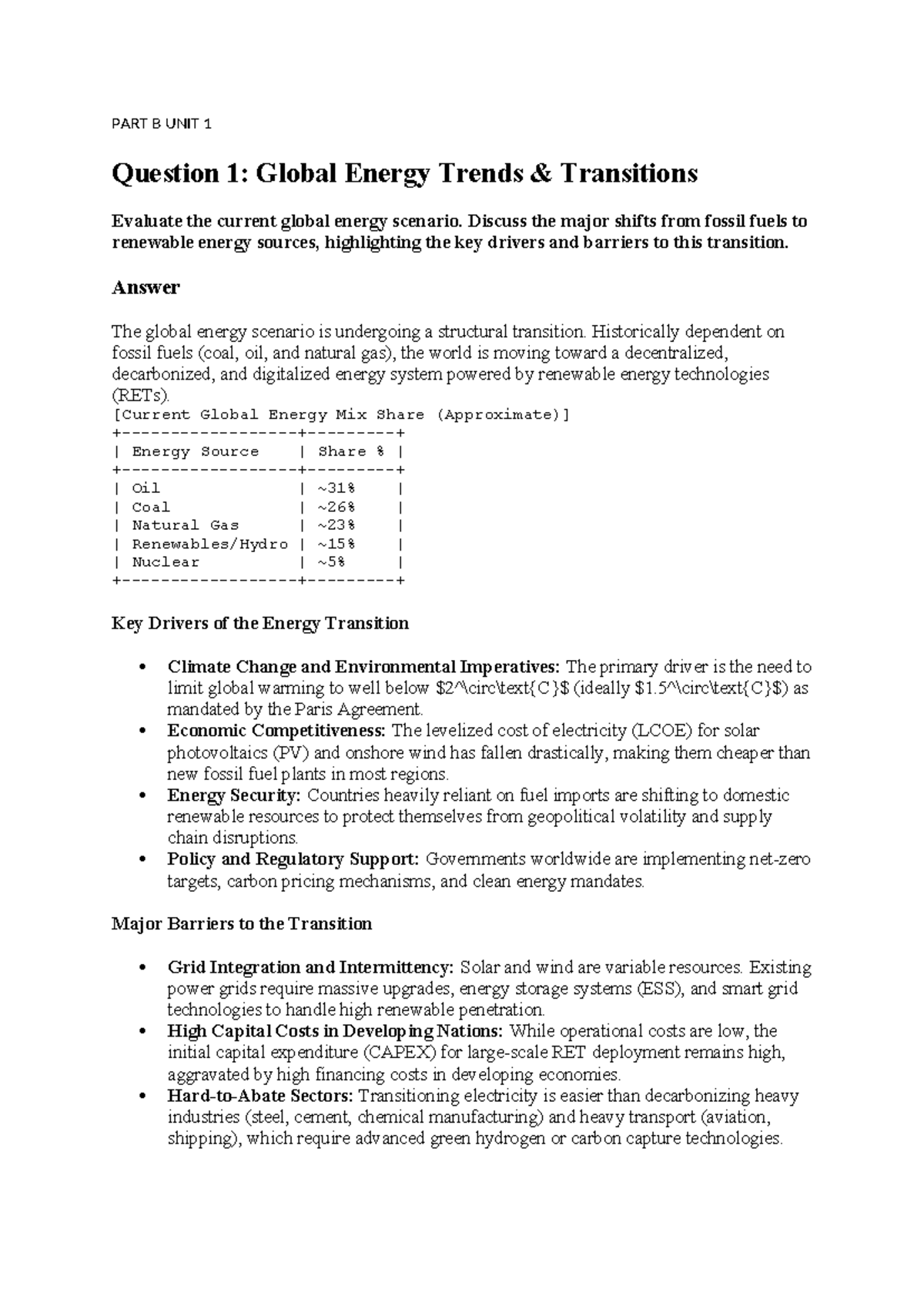 PART B UNIT 1 Q&A: Global Energy Trends & Transition Analysis - Studocu