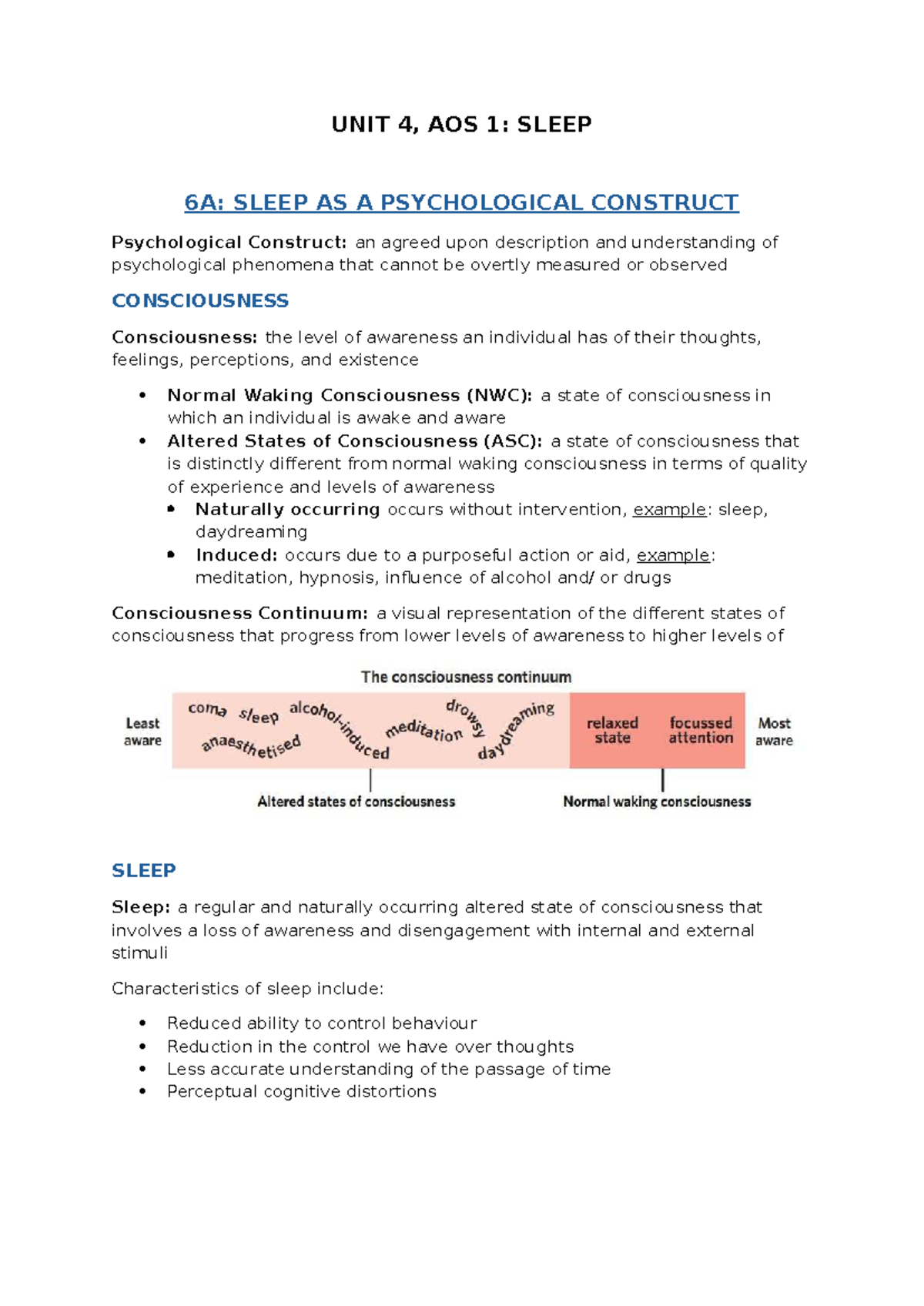 UNIT 4 AOS 1: Sleep - Comprehensive Summary & Key Definitions - Studocu