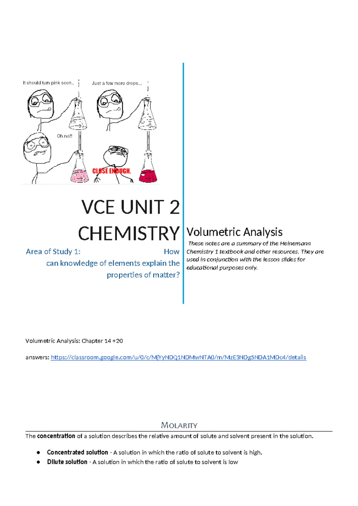 Volumetric Analysis Notes - VCE UNIT 2 CHEMISTRY Area of Study 1: How ...