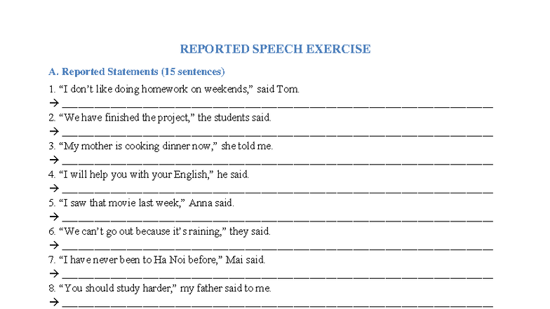 Reported Speech Practice (ENG 101): Exercises & Examples - Studocu