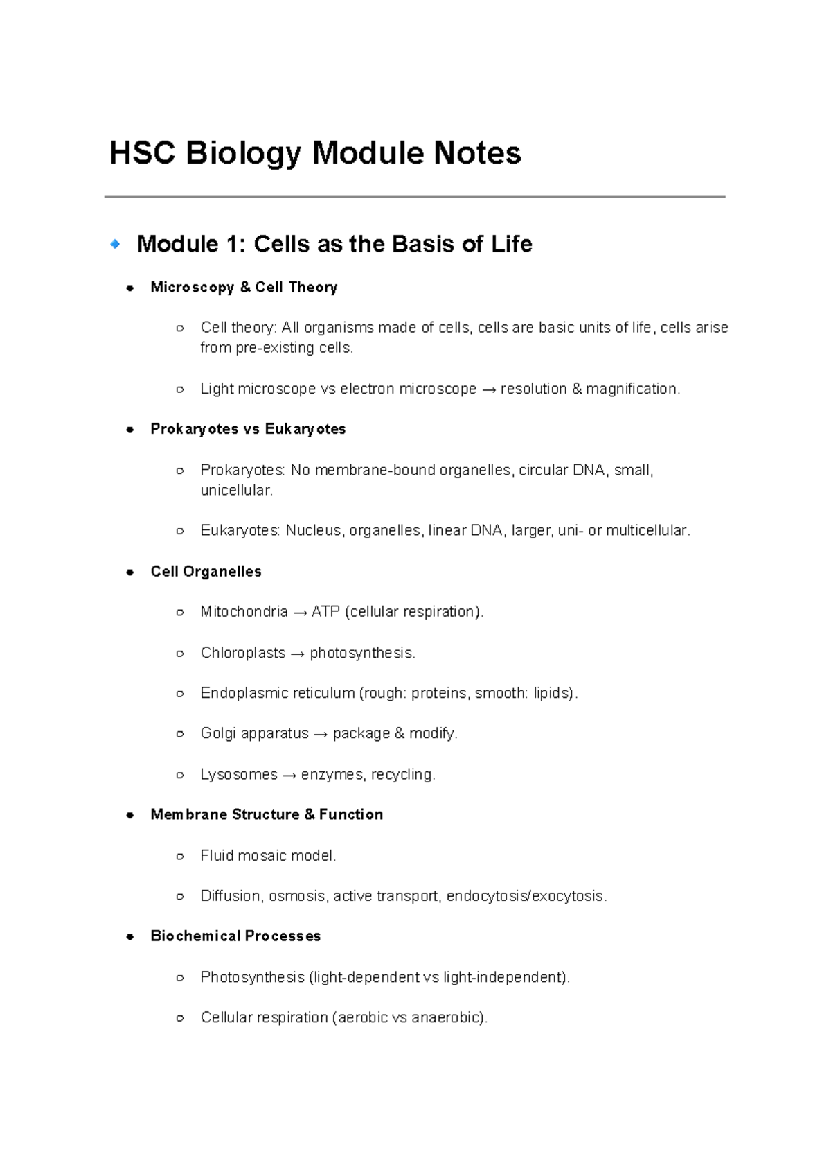 HSC Biology Module Notes: Cells, Diversity, and Heredity Insights - Studocu