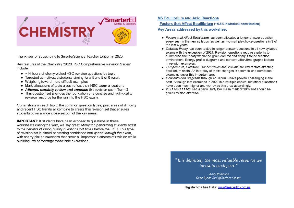 2023 HSC Chemistry M5 Revision: Equilibrium & Acid Reactions - Studocu