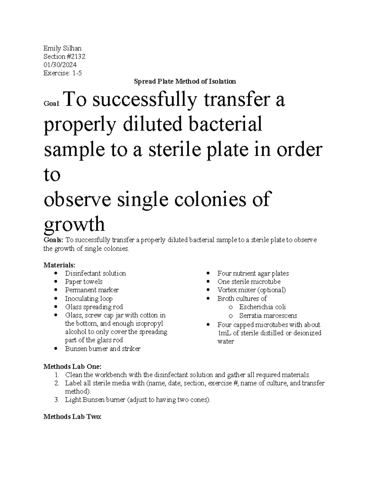 Prelab 1-5: Spread Plate Method for Bacterial Isolation Experiment ...