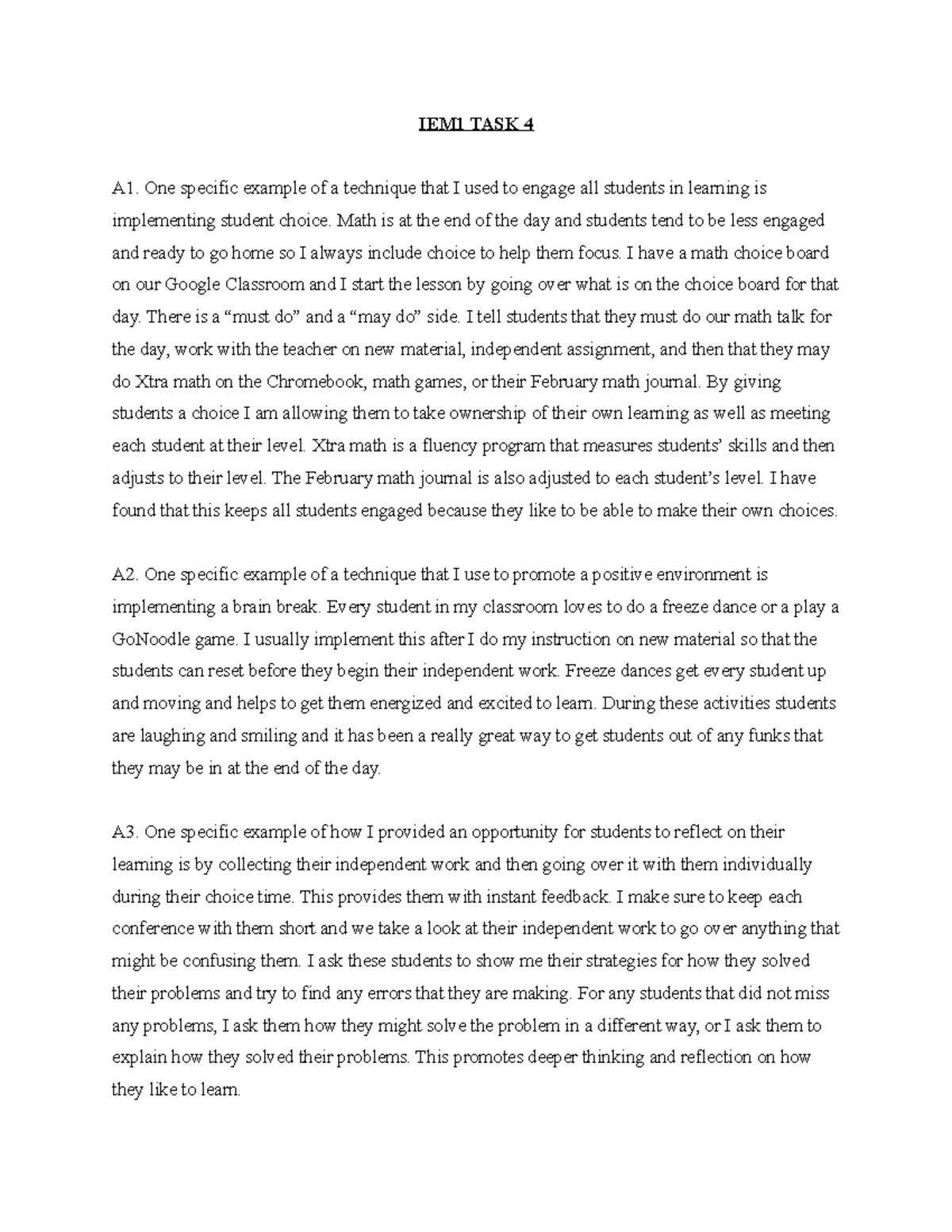 IEM1 Teacher Work Sample Task 4: Engaging Students in Math Learning ...