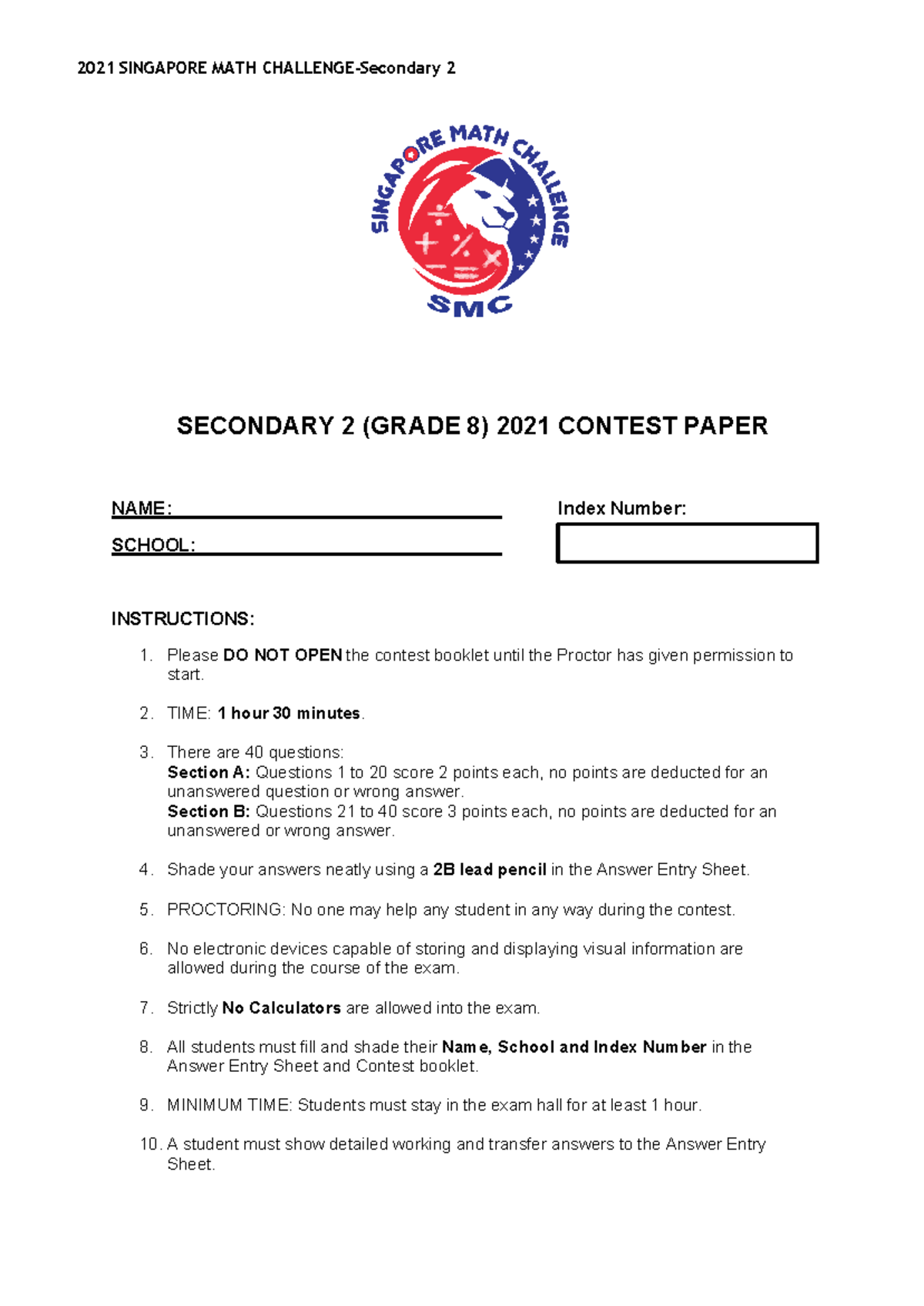 2021 SINGAPORE MATH 2 GRADE 8 CONTEST PAPER & ANSWER KEYS - Studocu