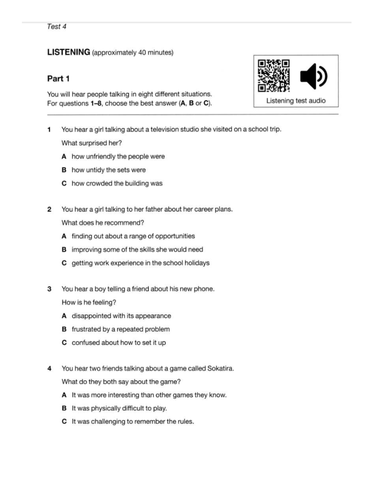 FCE 5 Test 4 Listening - Practice Questions and Answers - Studocu