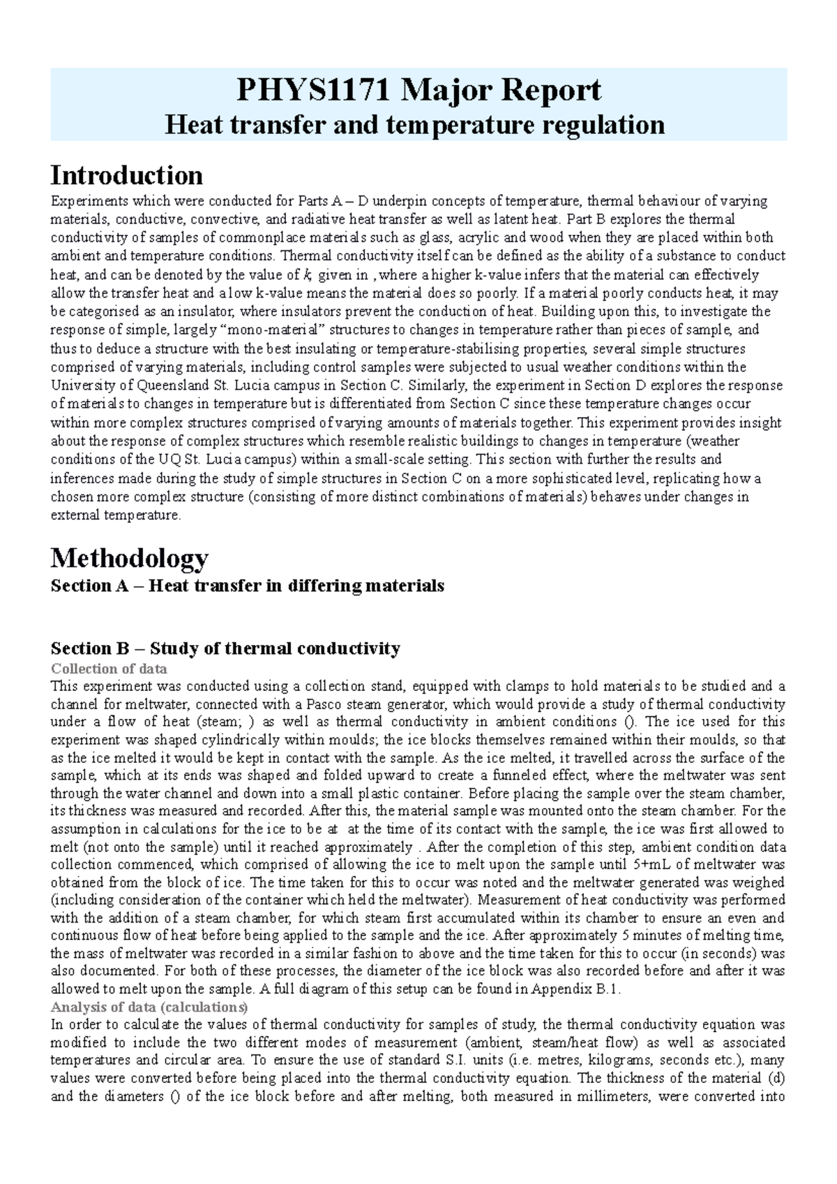 Major Report - Thermodynamics - PHYS1171 Major Report Heat transfer and ...