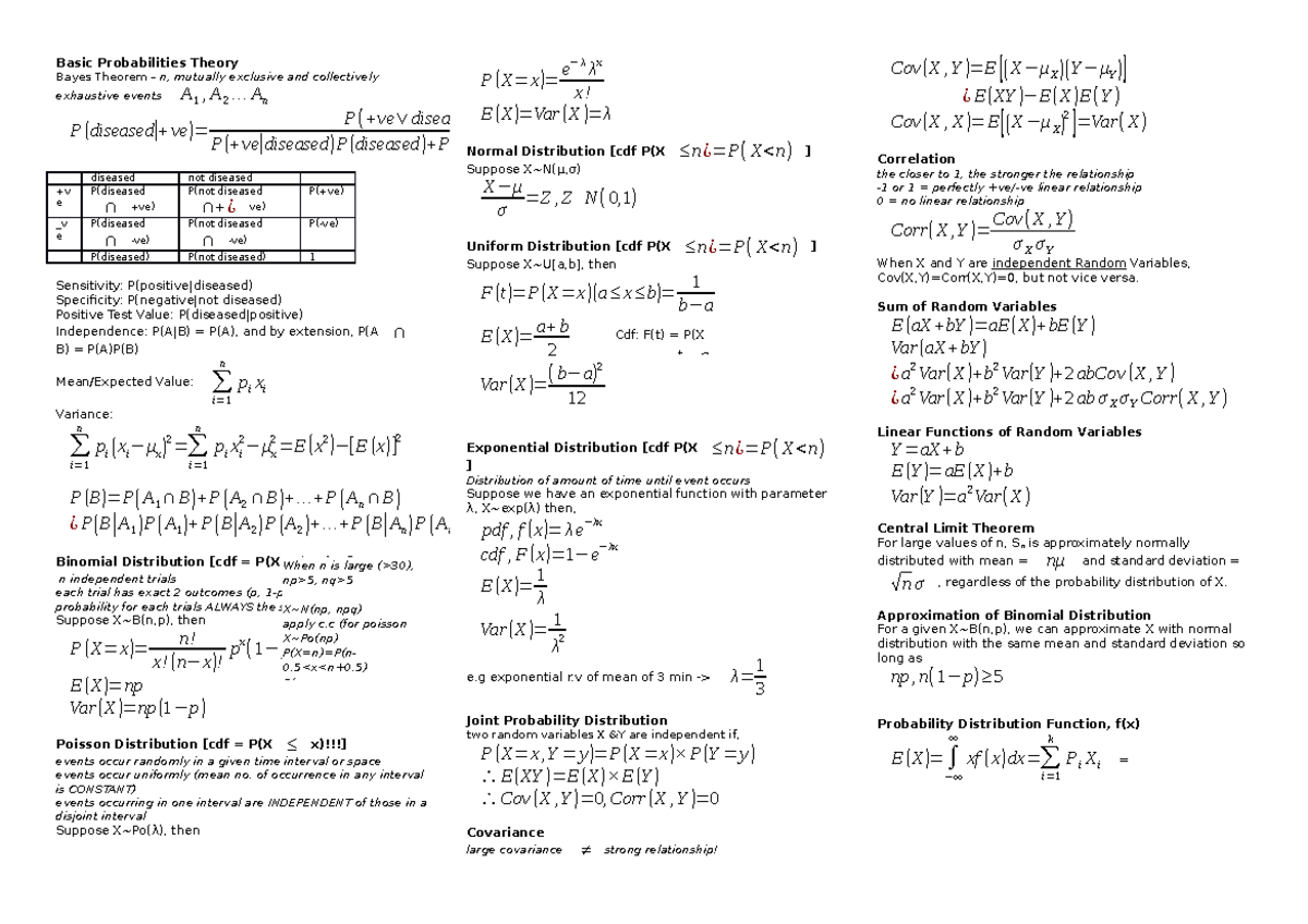 DAO 1704 - Cheat Sheet - Basic Probabilities Theory Bayes Theorem – n, mutually exclusive and ...