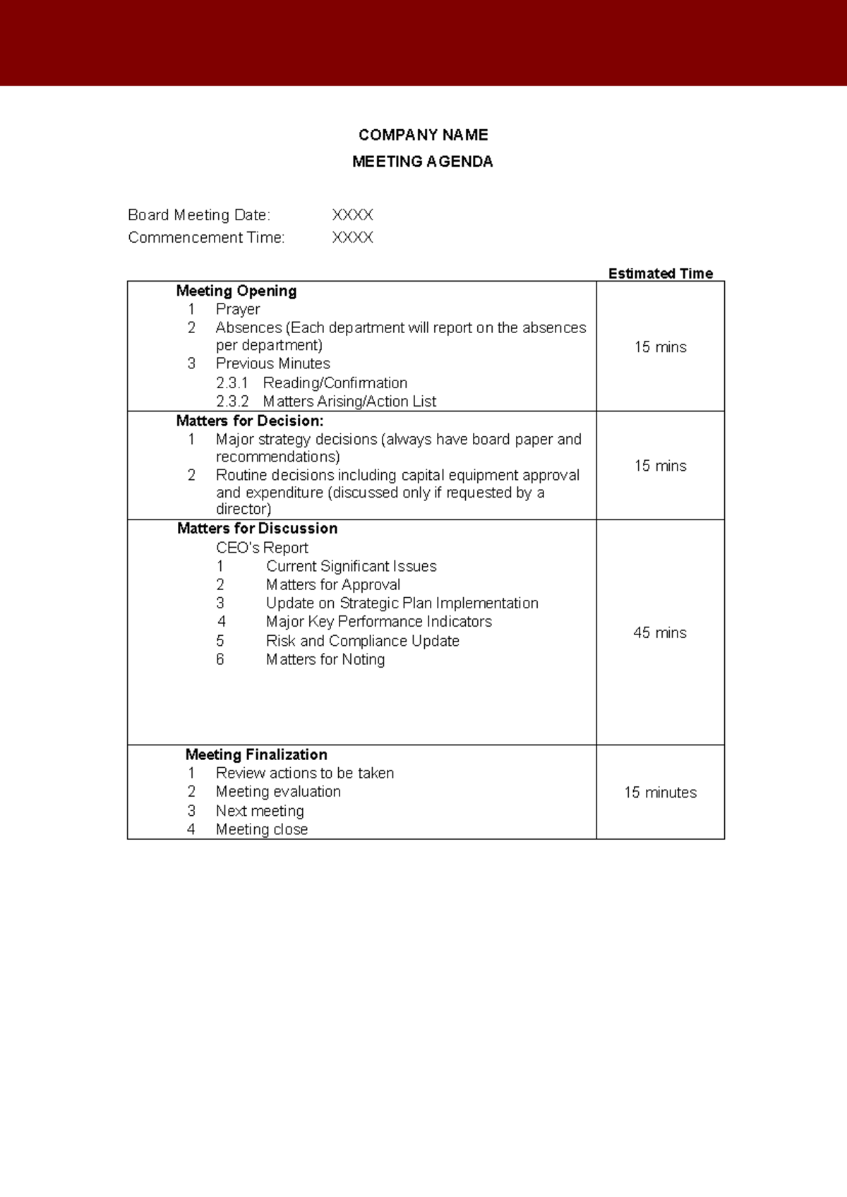 COMPANY NAME BOARD MEETING AGENDA - DATE & TIME - Studocu