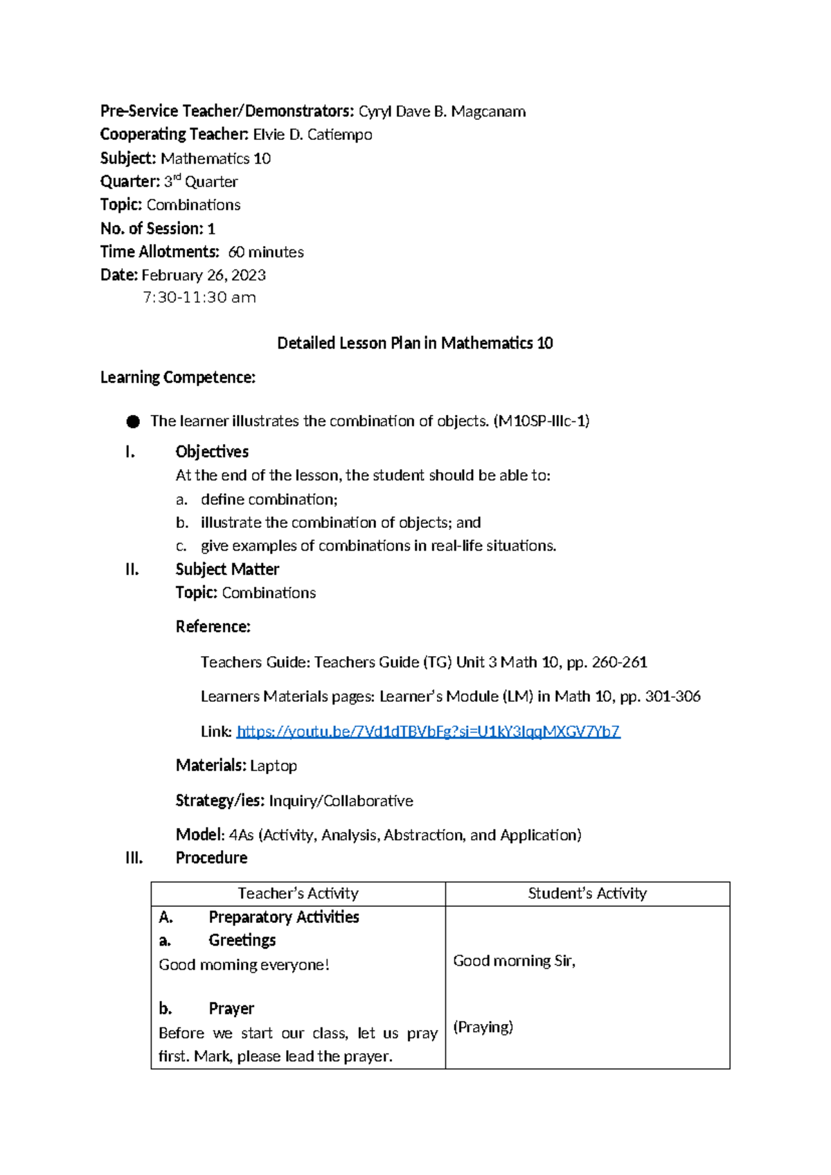 Mathematics 10 (M10SP-IIIc-1) Final Lesson Plan on Combinations - Studocu