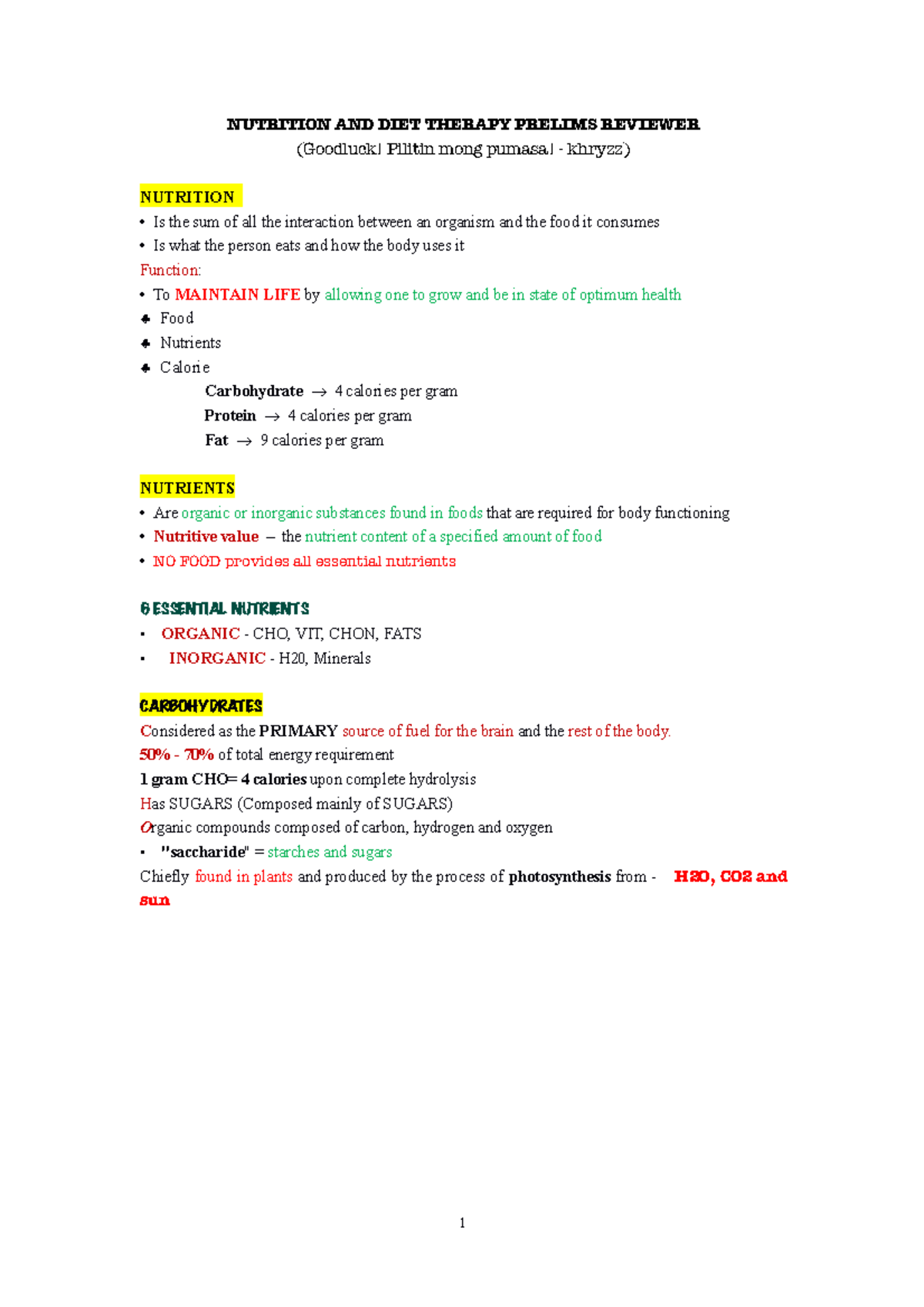 Nutrition Prelims Reviewer: Essential Nutrients & Dietary Guidelines ...